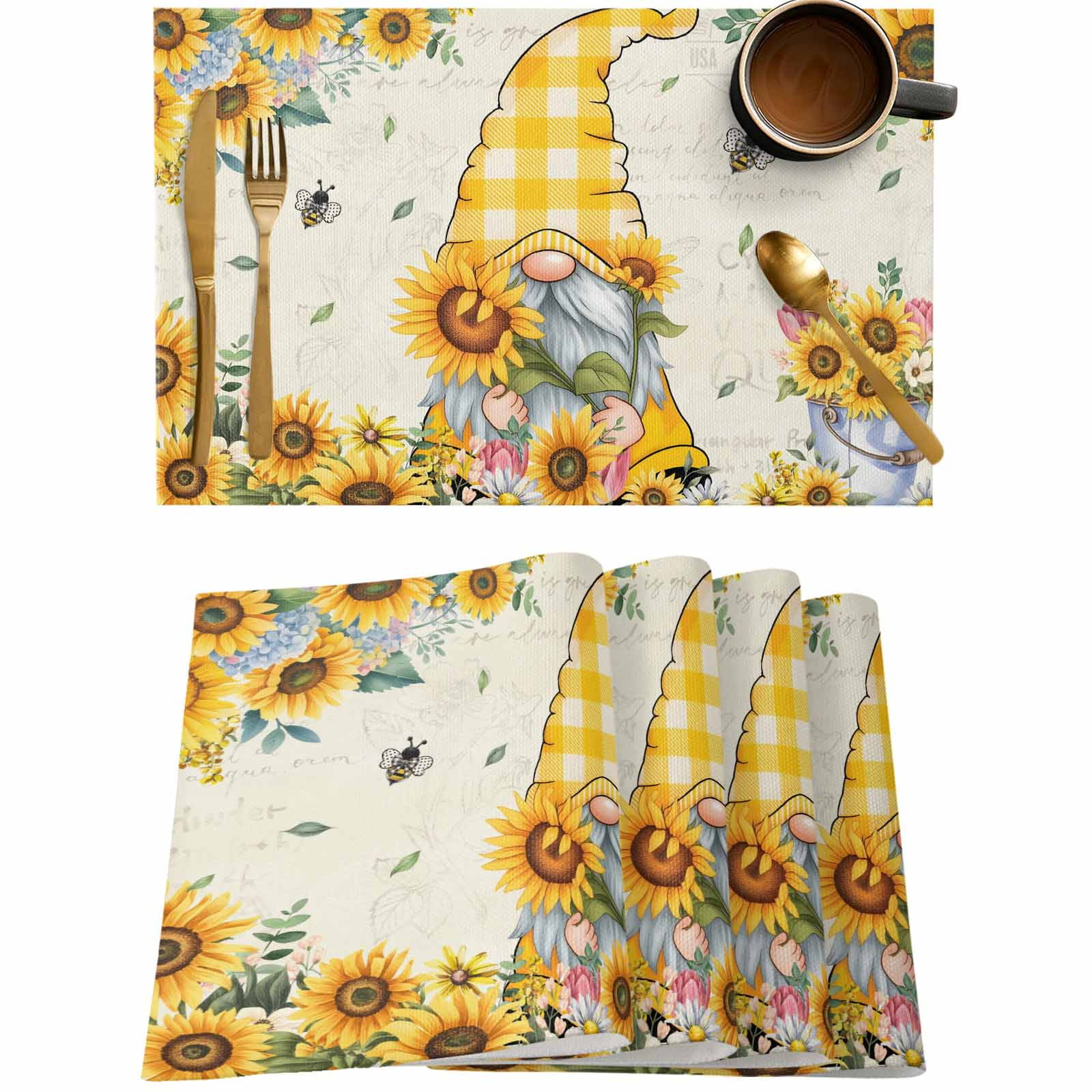 Bee Gnome Summer Sunflower Watercolor Yellow Floral Placemats Set of 4 ...