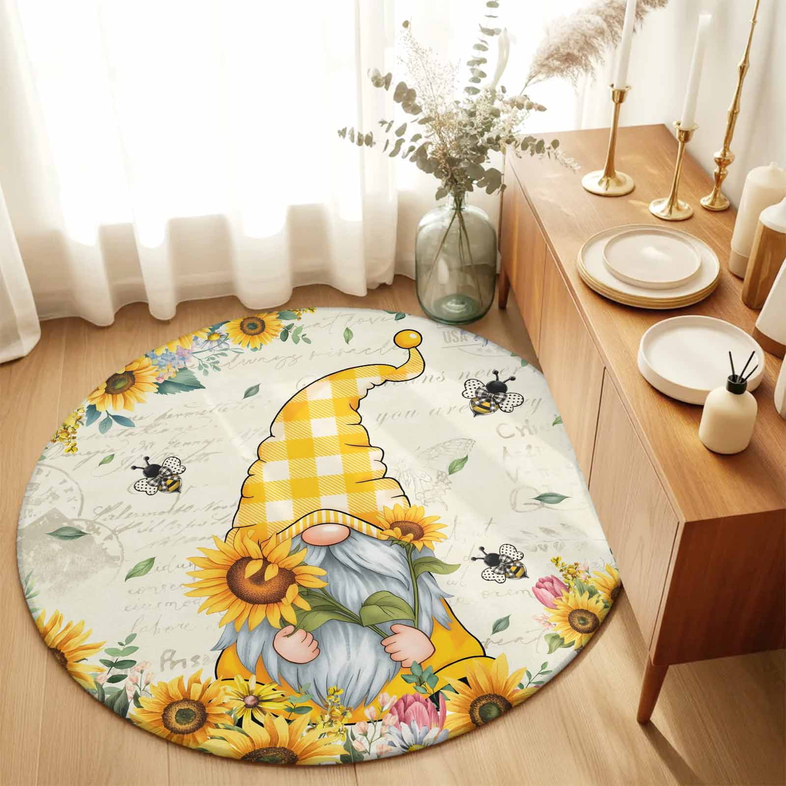 Bee Gnome Summer Sunflower Watercolor Yellow Floral Round Rug 3ft Retro ...