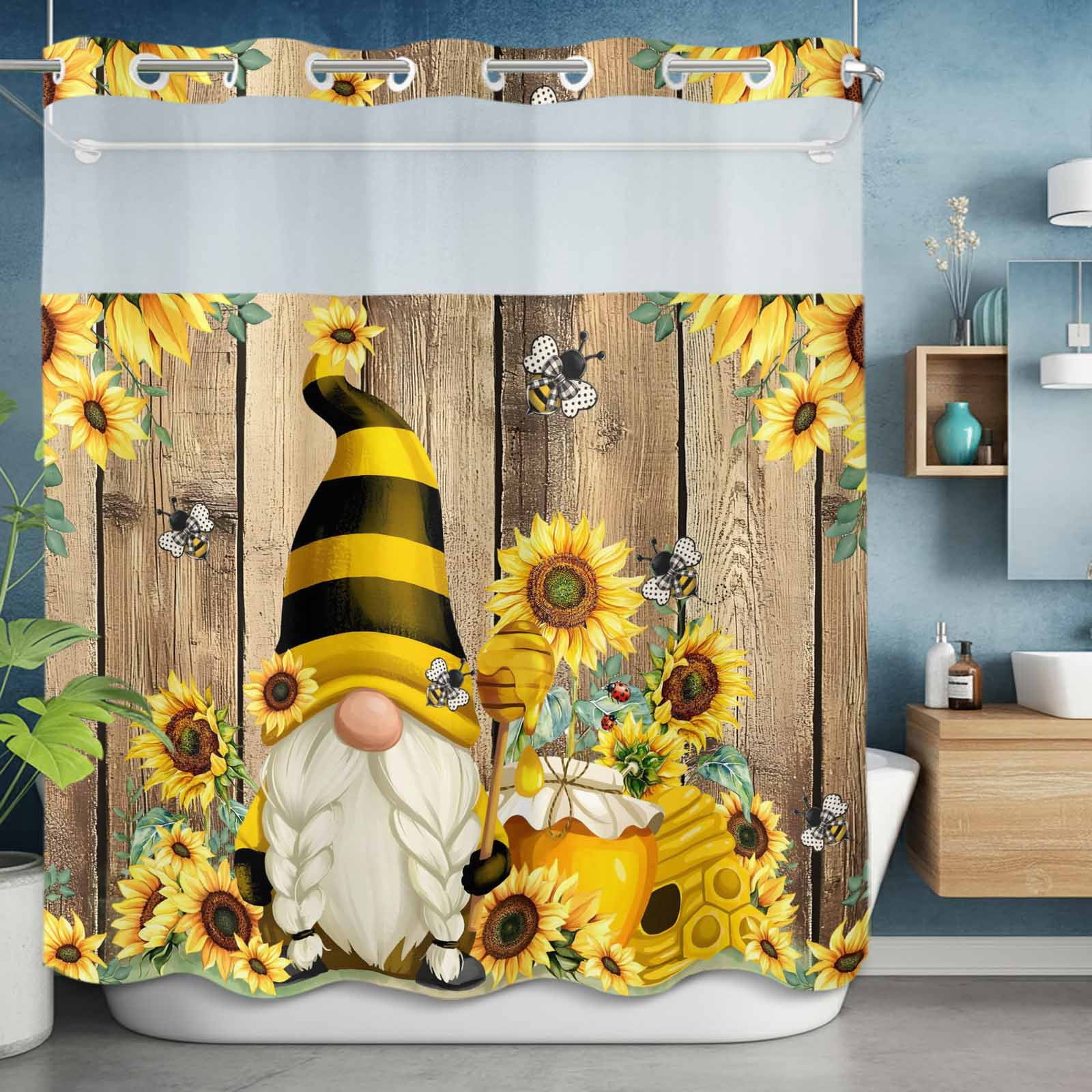 Bee Gnome Sunflower Watercolor No Hook Shower Curtain with Snap in ...