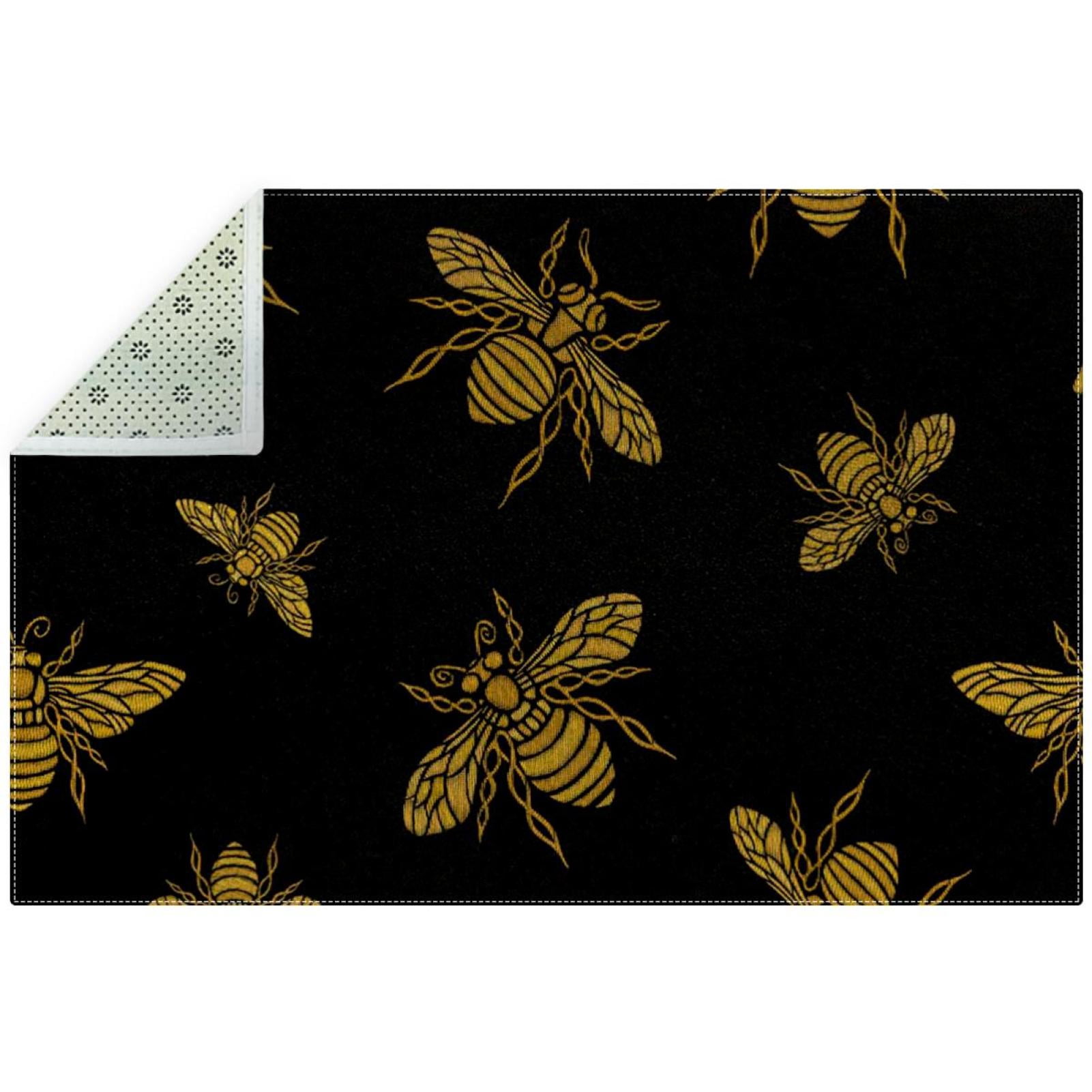 Bee Golden Embroidery Soft Polyester Bath Rug Absorbent Square Bathroom ...