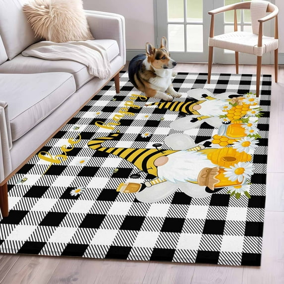 Bee Happy Area Rugs 3x5 ft Dwarfs Daisy Honey Farmhouse Black Plaid ...