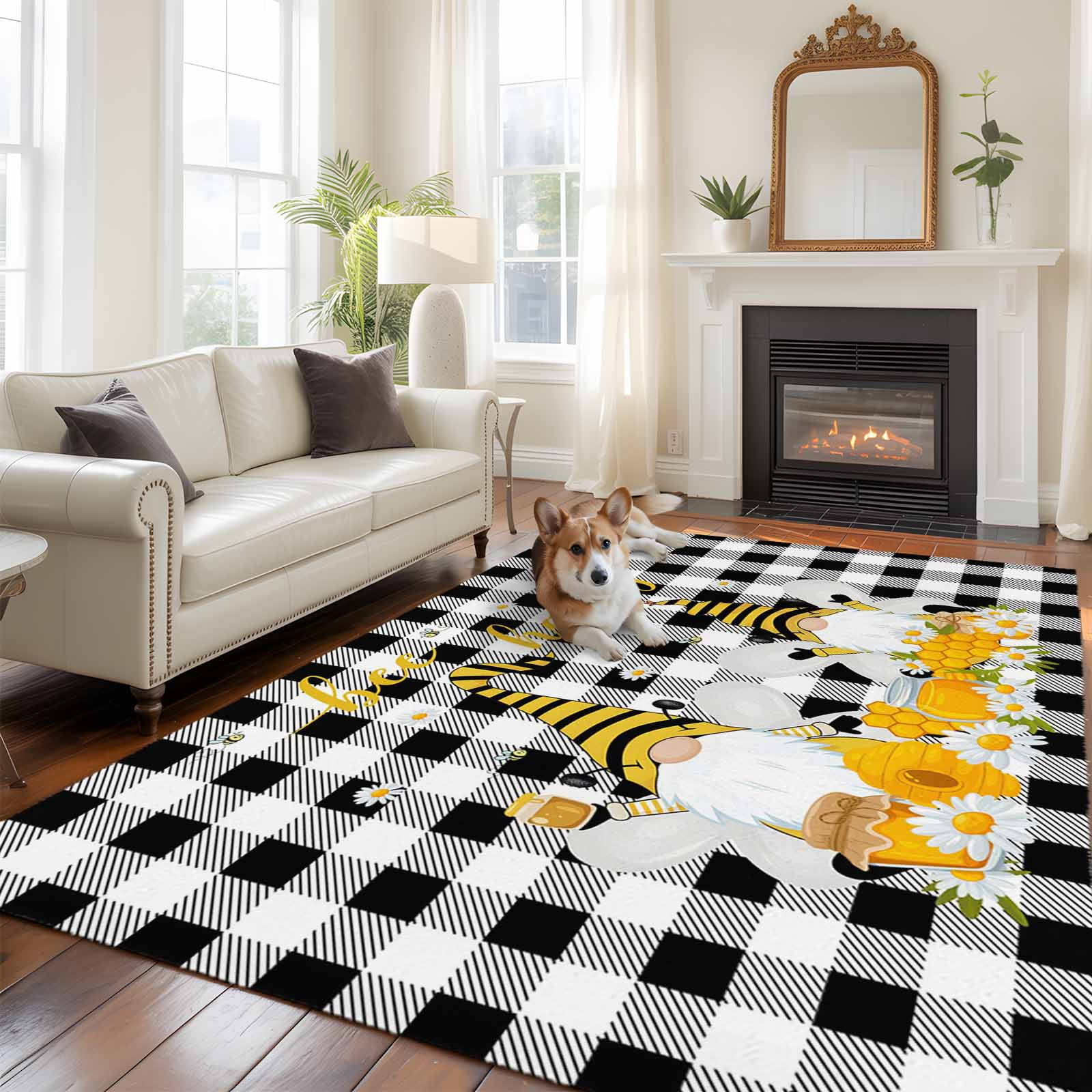 Bee Happy Area Rugs 5x7 ft Dwarfs Daisy Honey Farmhouse Black Plaid ...