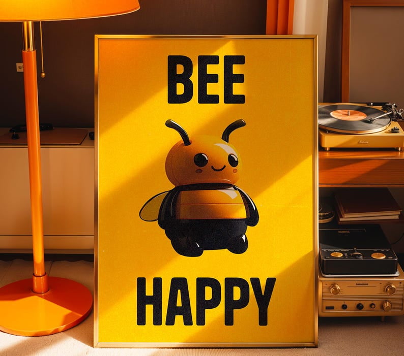 Bee Happy Art | Cute Bee Poster | Retro Vintage Wall Decor | Typography ...