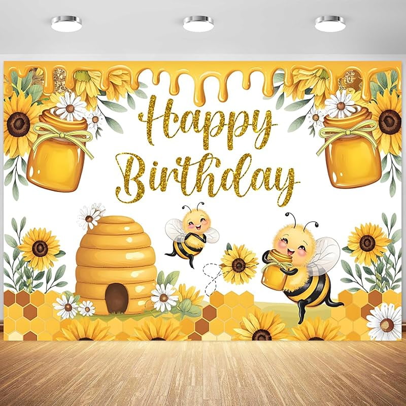 Bee Happy Birthday Backdrop Cute Bee Honey Honeycomb Flowers ...