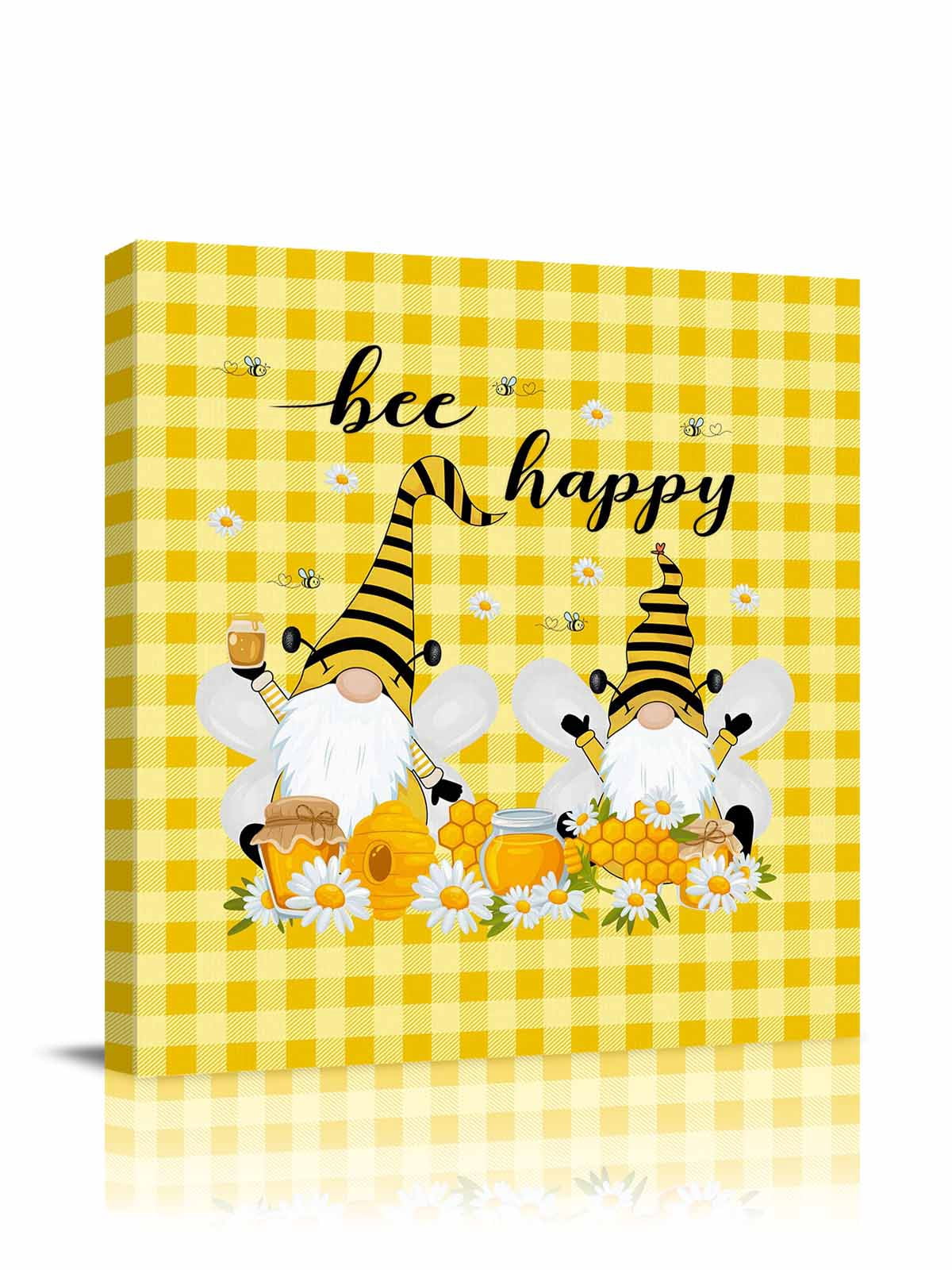 Bee Happy Canvas Wall Art, Dwarfs Daisy Honey Farmhouse Yellow Plaid ...