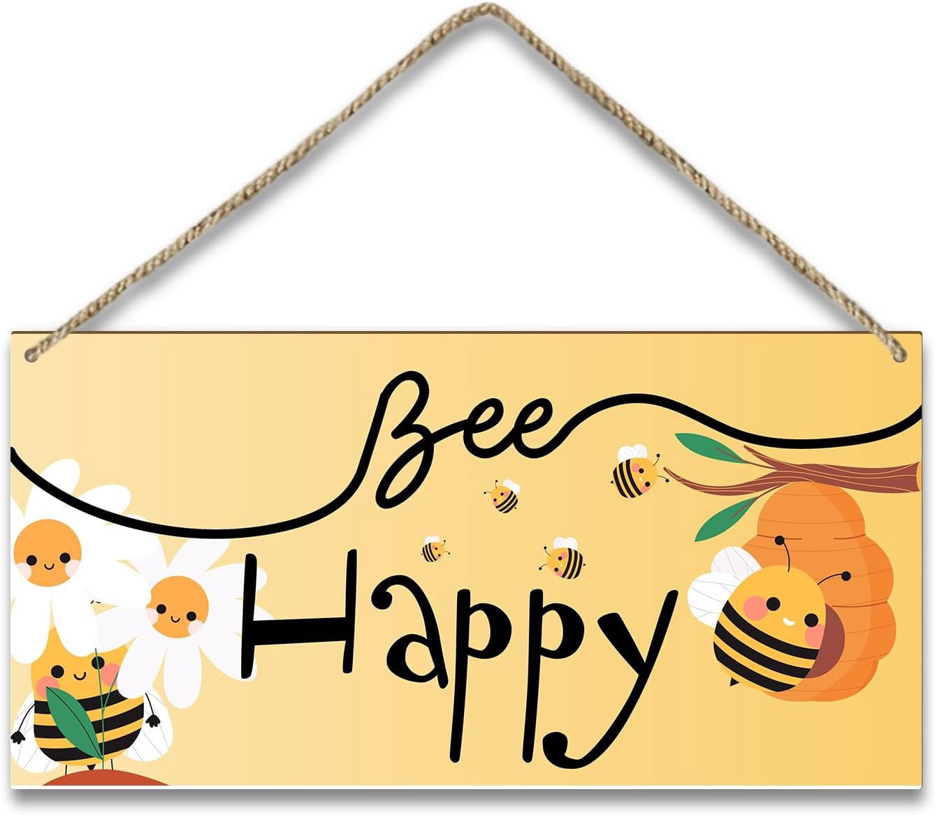 Bee Happy Door Wood Sign Plaque Gift, Wooden Wall Hanging Sign With ...