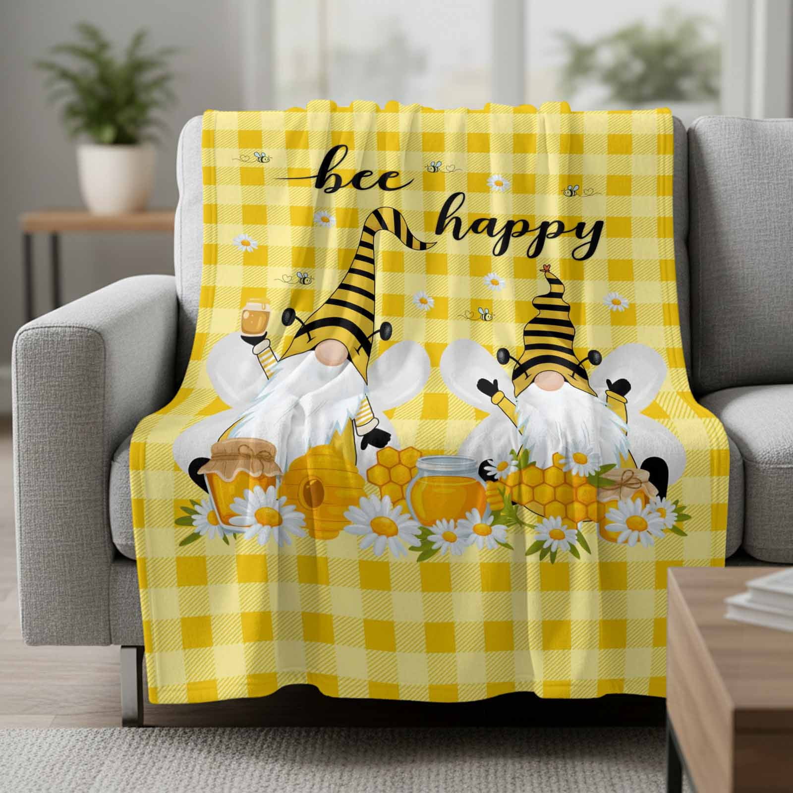 Bee Happy Fleece Throw Blanket Dwarfs Daisy Honey Farmhouse Yellow ...