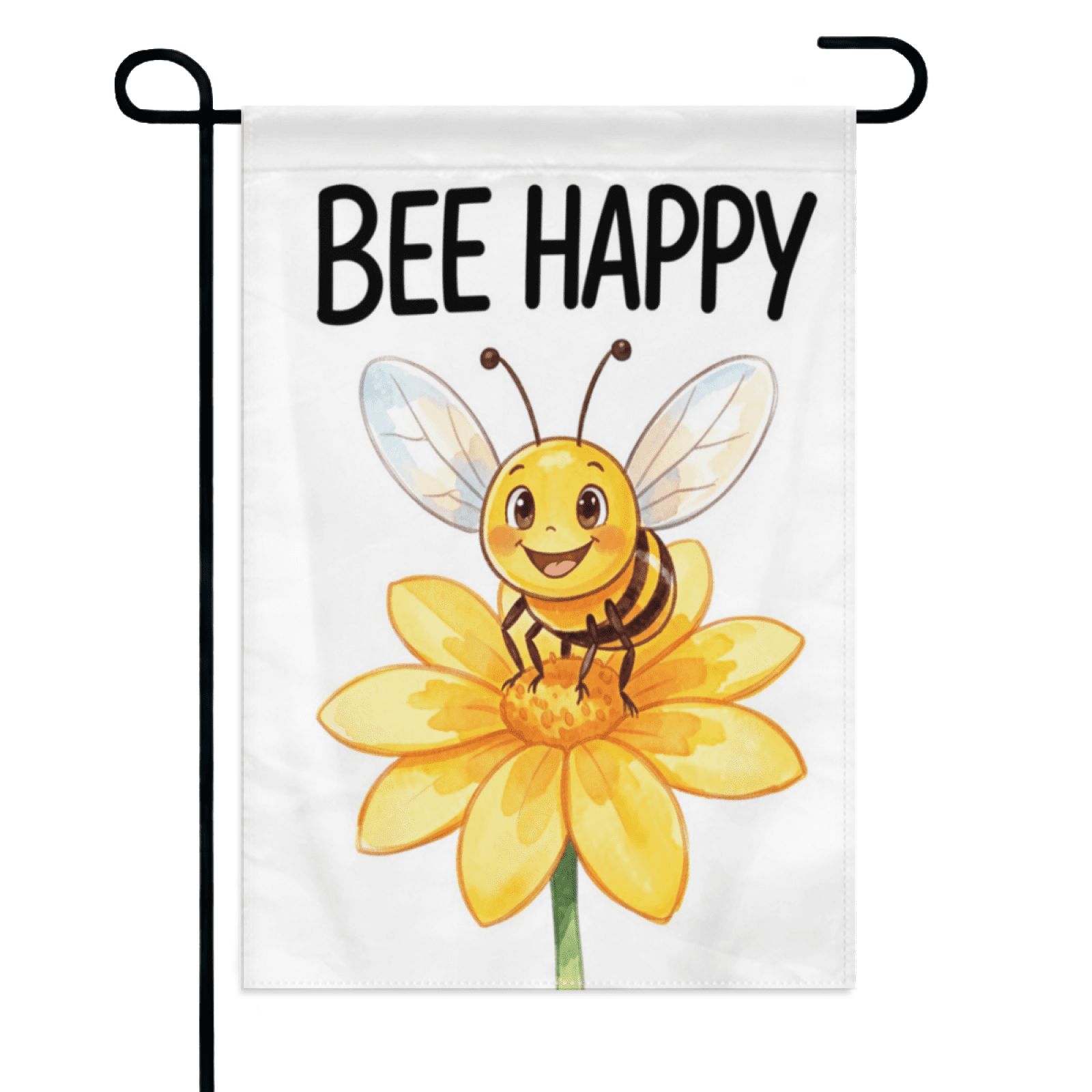 Bee Happy Garden Flag 12×18in Double Sided Cute Cartoon Bee on Flower ...