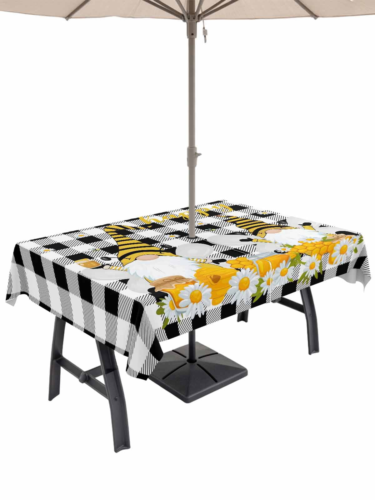 Bee Happy Rectangle Outdoor Tablecloth with Umbrella Hole Dwarfs Daisy ...