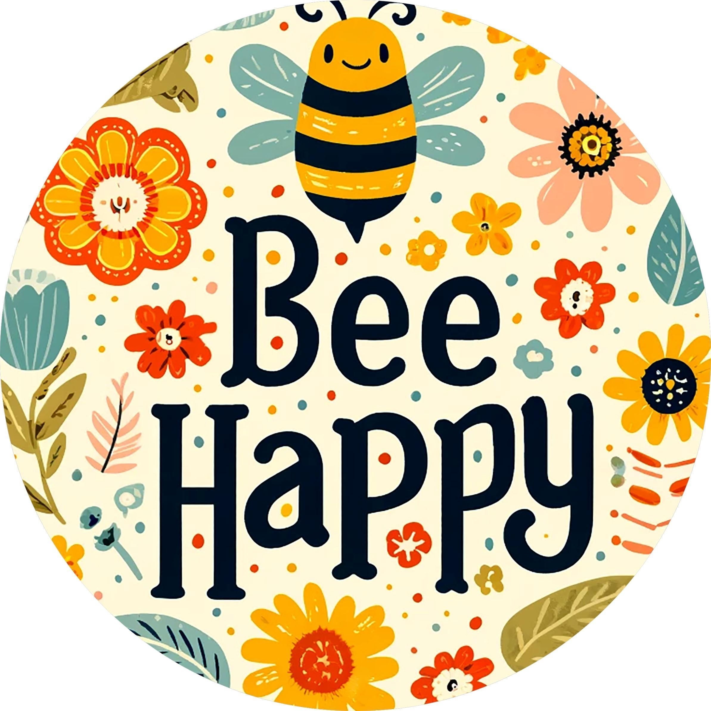"Bee Happy" Round Wall Art - wooden Sign with Cheerful Bee & Floral ...