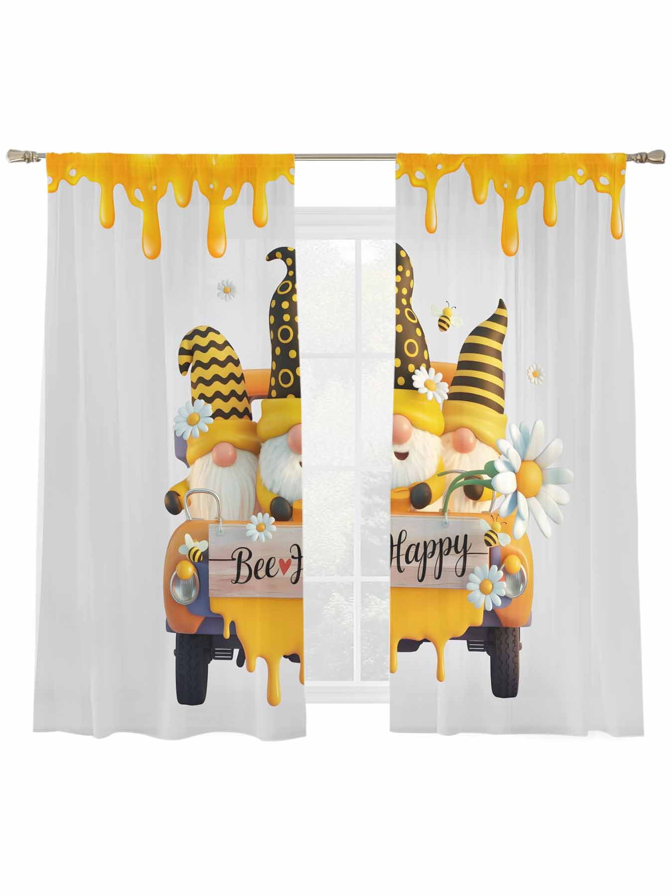 Bee Happy Sheer Curtains 2 Panels Set Summer Bee Yellow Hats Gnomes ...