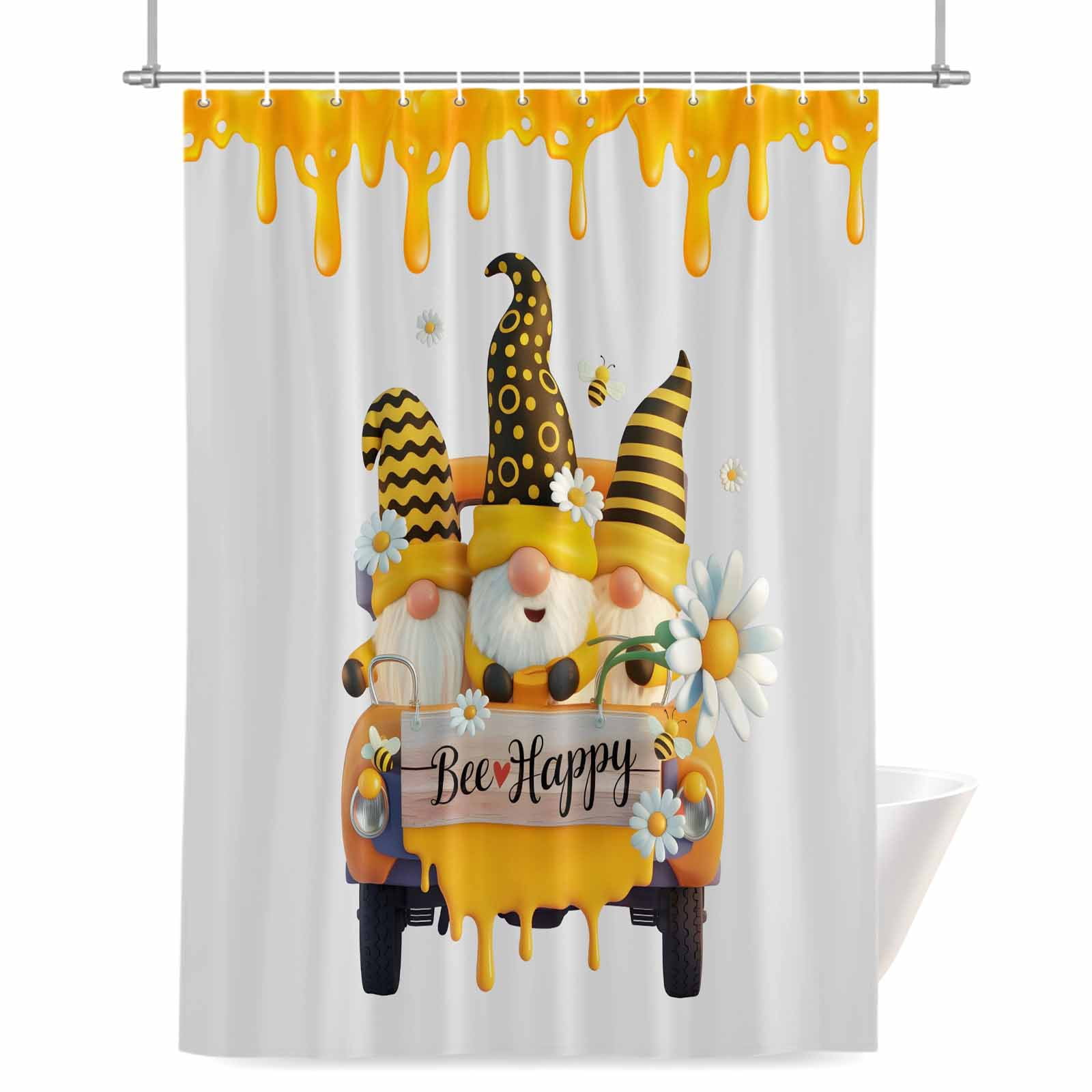Bee Happy Shower Curtains for Bathroom, Summer Bee Yellow Hats Gnomes ...