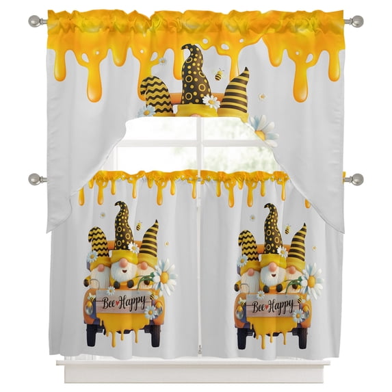 Bee Happy Swag Valance and Tier Set of 3, Summer Bee Yellow Hats Gnomes ...