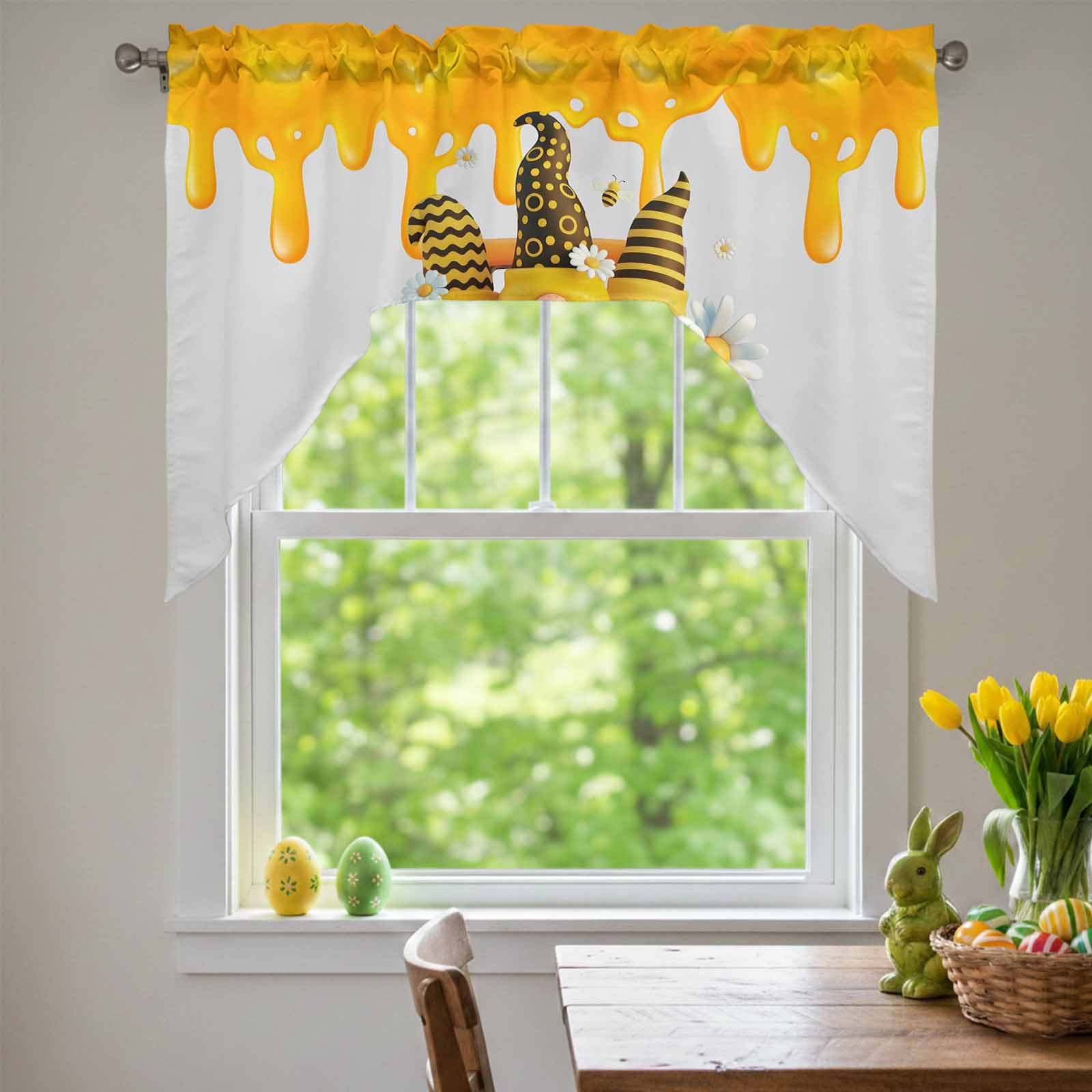 Bee Happy Swag Valances for Kitchen Window, Summer Bee Yellow Hats ...