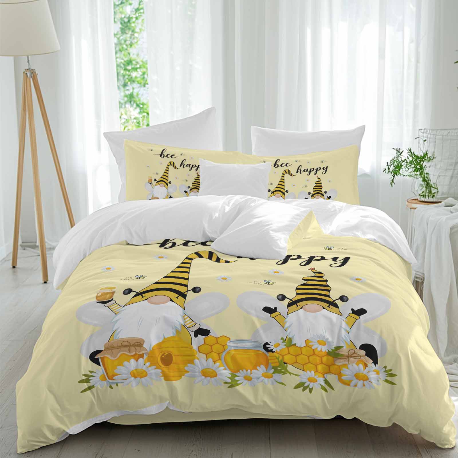 Bee Happy Twin Duvet Cover Set, Dwarfs Daisy Honey Farmhouse Yellow 4 ...