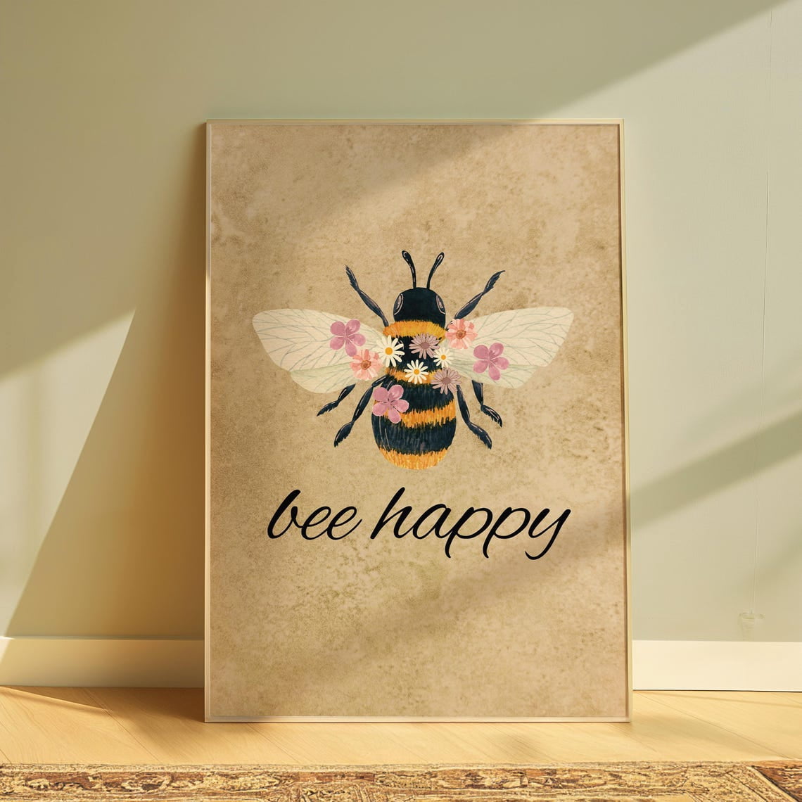 Bee Happy Vintage Art Print, Inspirational Wall Decor, Unframed Paper ...