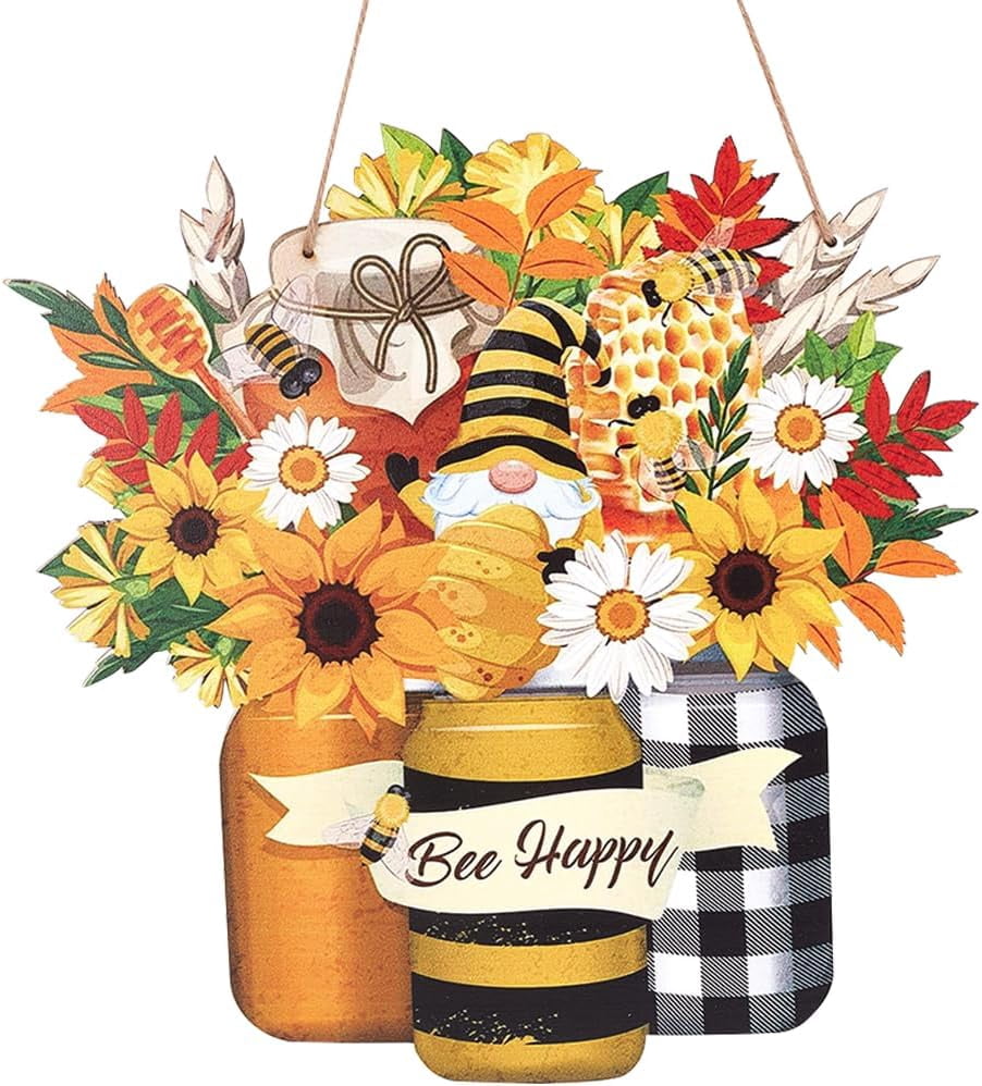 Bee Happy Wood Sign Sunflower Wooden Signs Hanging Decorations Summer ...
