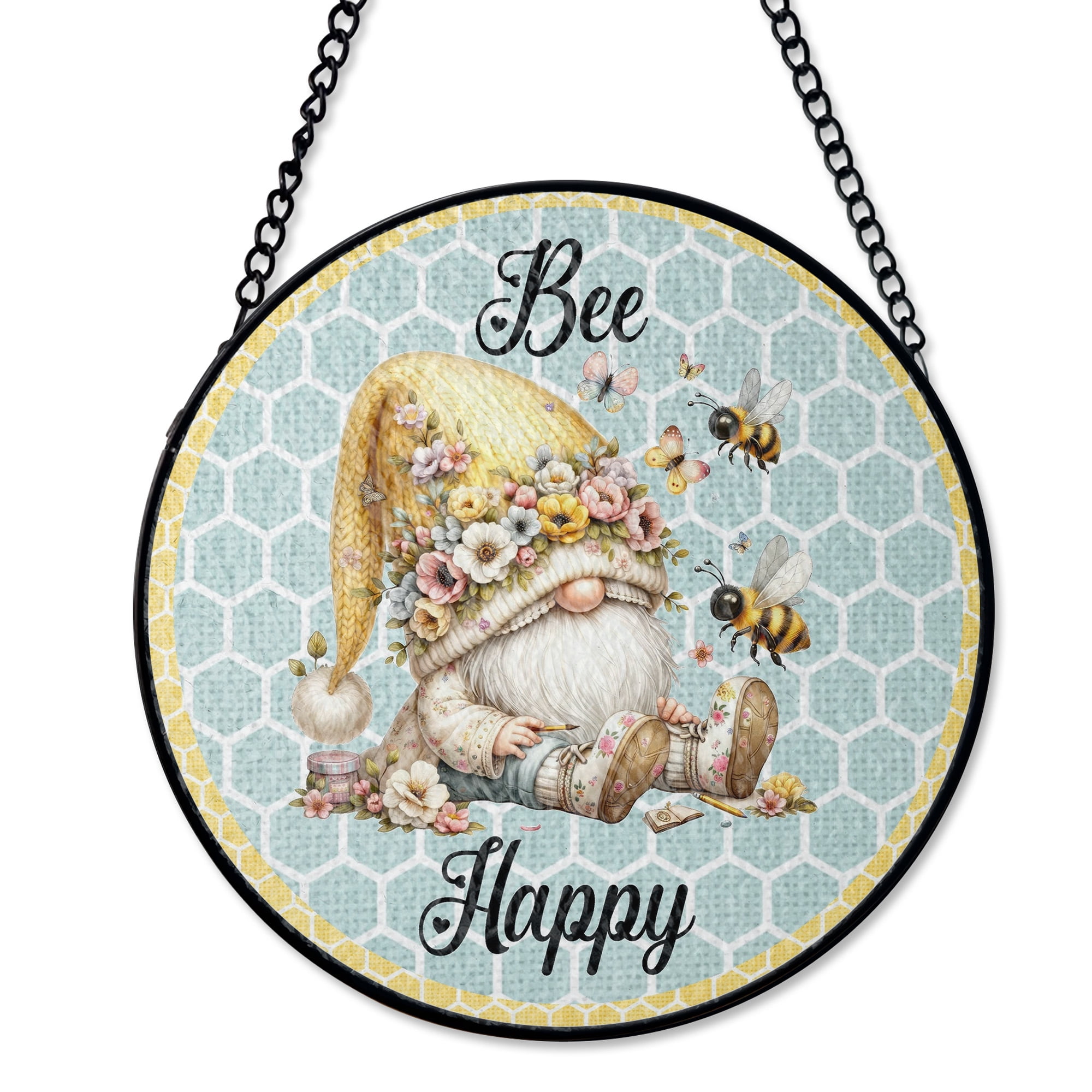 Bee Happy Yellow Gnome Stained Glass Style Suncatcher, UV Printed Glass ...