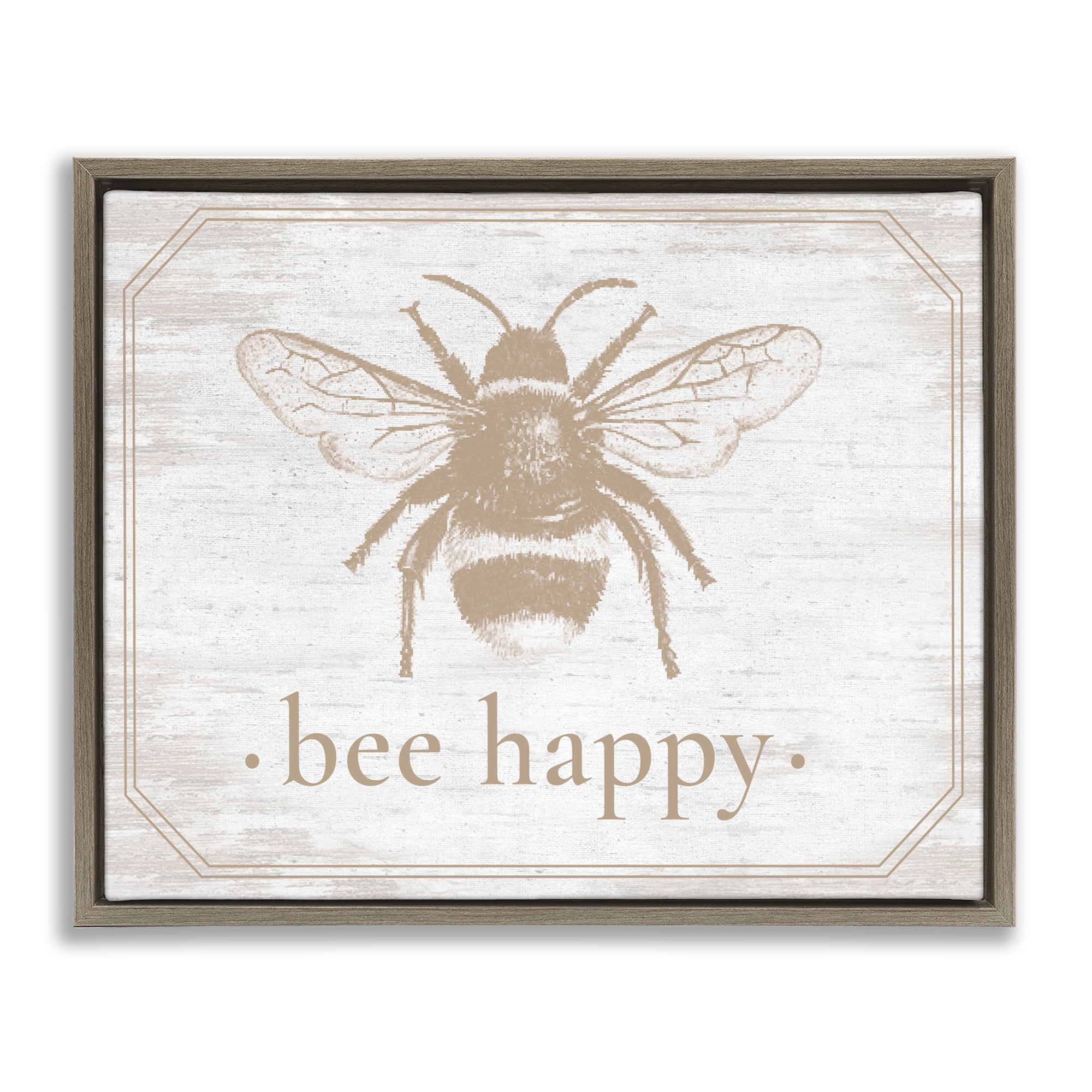 Bee Happy with Rustic Border Brown Framed Floater Canvas Wall Art ...