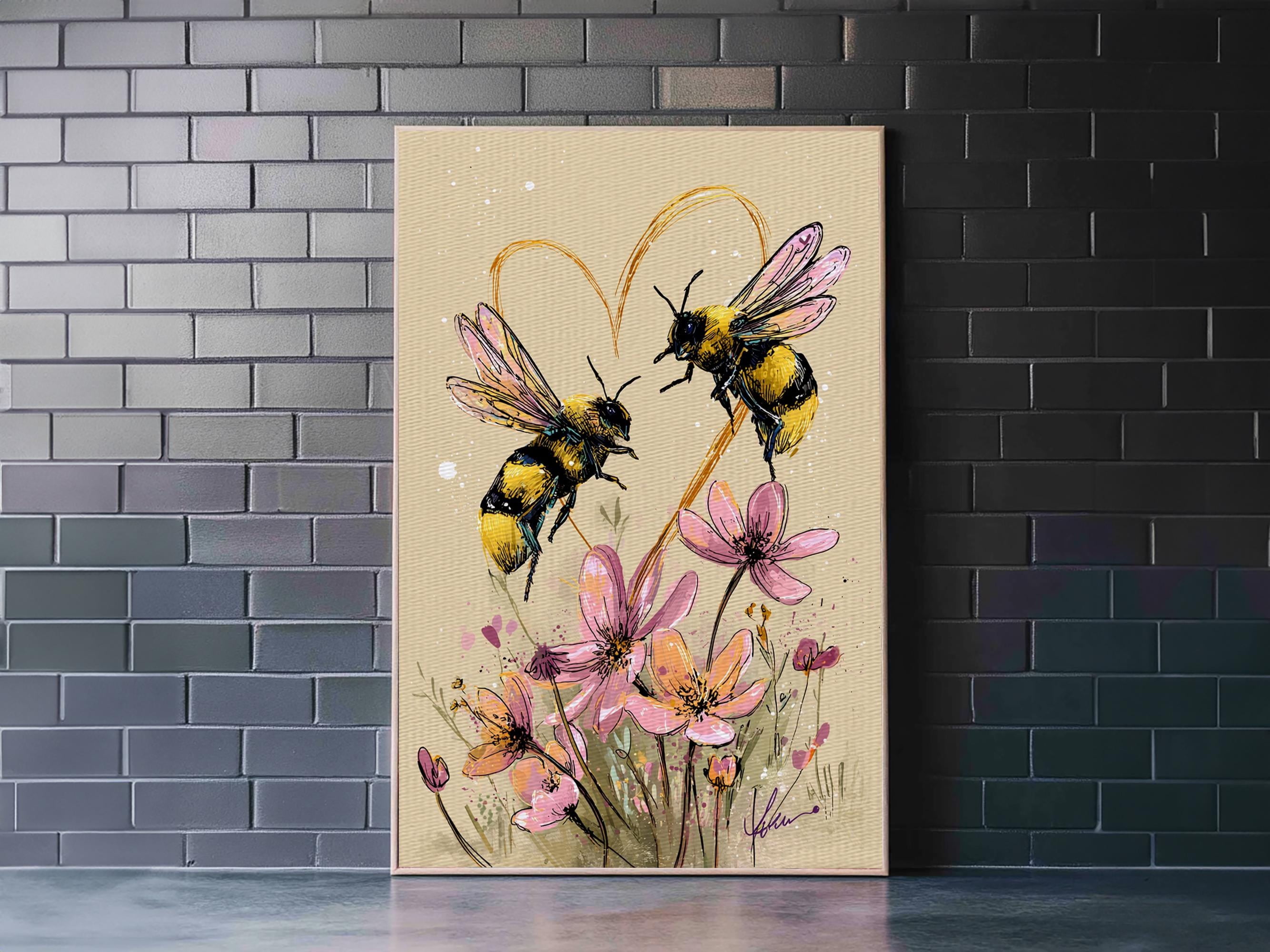 Bee Heart Floral Illustration, Poster Vintage Style Wall Decor Physical ...