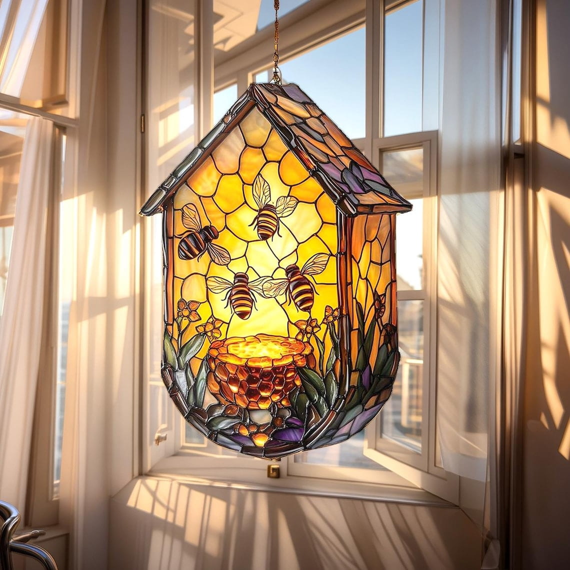 Bee Hive And Floral Acrylic Suncatcher, Faux Stained Acylic Window ...