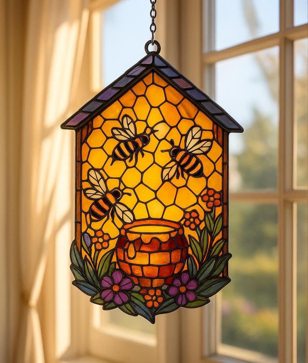 Bee Hive And Floral Acrylic Suncatcher, Honeybee Window Decor ...