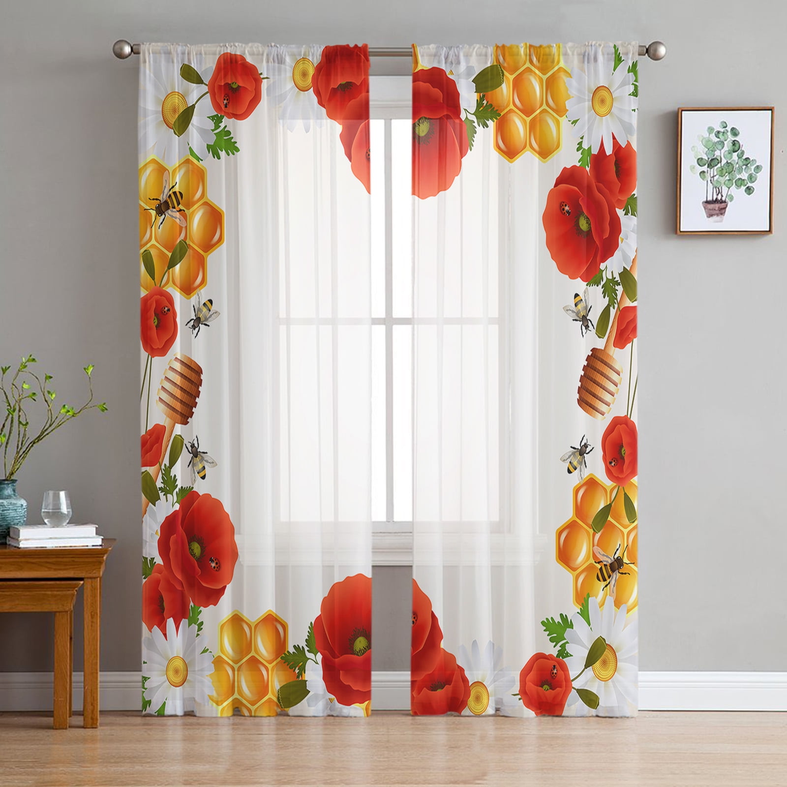 Bee Hive Daisy Poppy Flower Sheer Curtains for Living Room ration ...