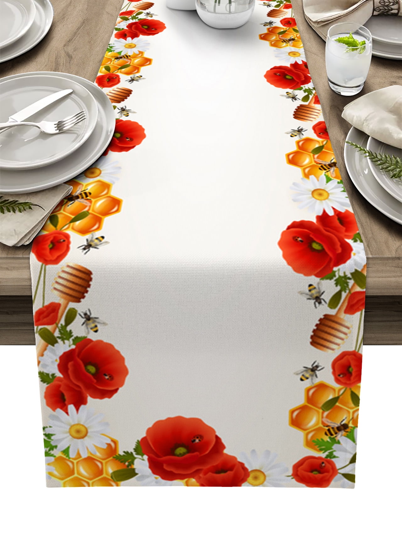 Bee Hive Daisy Poppy Flower Table Runner Wedding Holiday Party Dining Table Cover Cloth Placemat ...