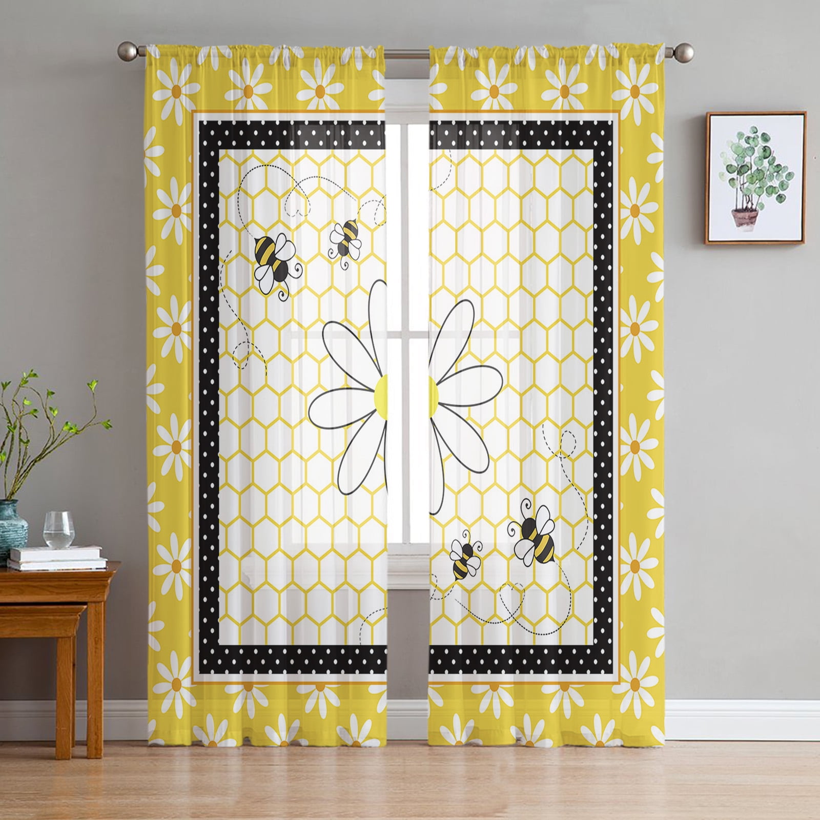 Bee Hive Flower Morocco Sheer Curtains for Living Room Bedroom Kitchen ...
