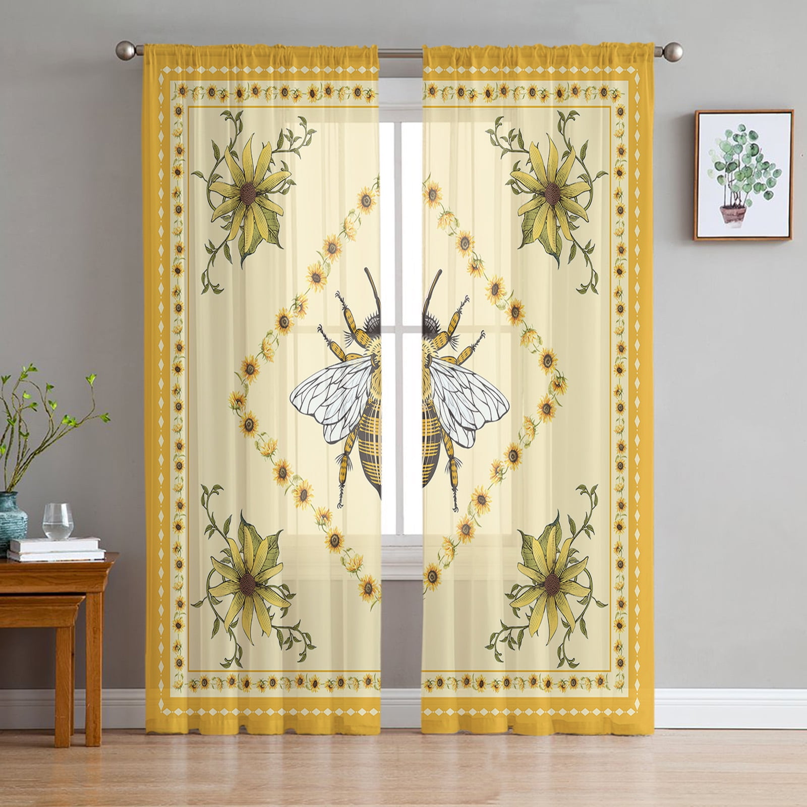 Bee Hive Flower Morocco Sheer Curtains for Living Room Bedroom Kitchen ...