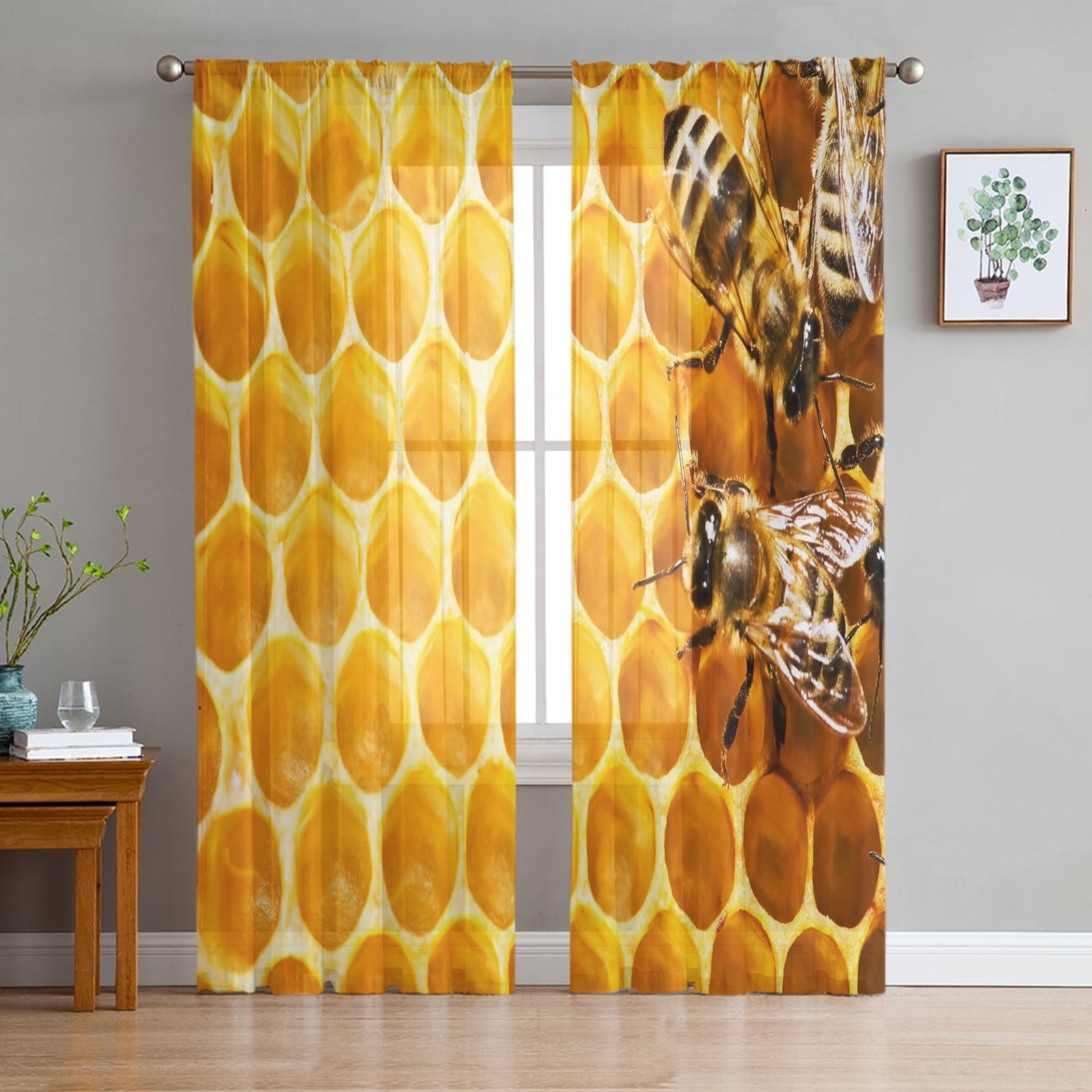Bee Hive Flower Morocco Sheer Curtains for Living Room Bedroom Kitchen ...
