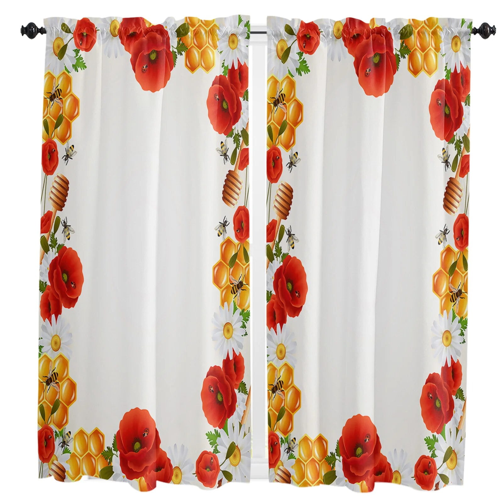 Bee Hive Geometry Small Curtain Rod Pocket Short Curtains Half Drapes ...