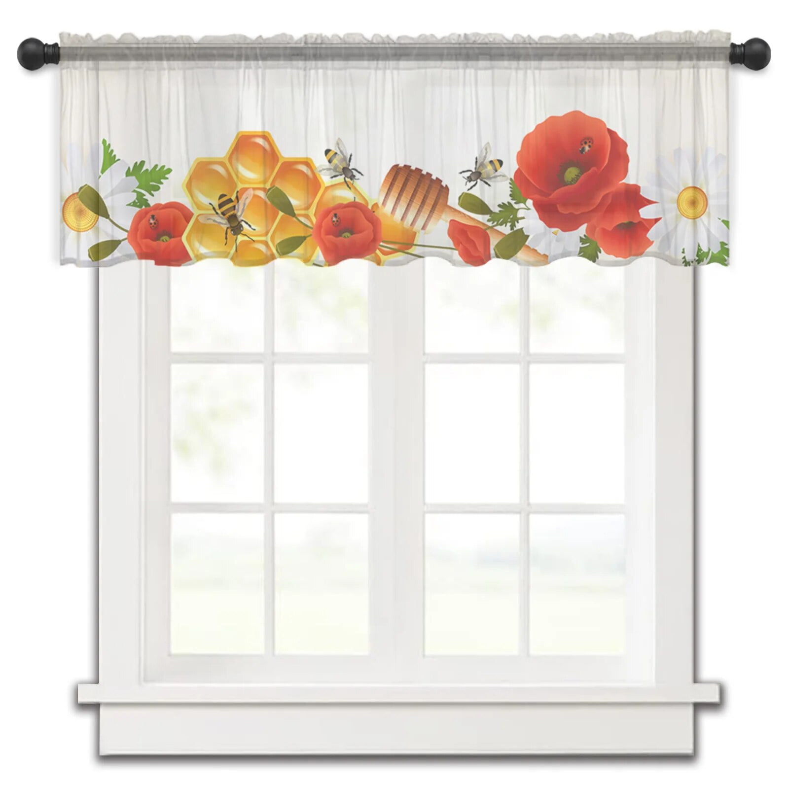 Bee Hive Geometry Tulle Kitchen Small Window Curtain Valance Sheer ...