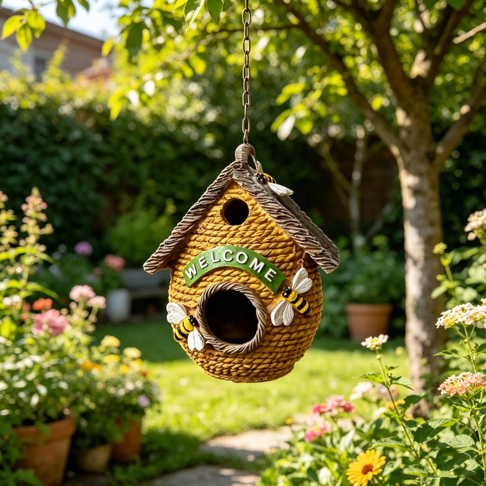 Bee Hive Shaped Hanging Bird House, 2 Pack Resin Welcome Birdhouse for ...