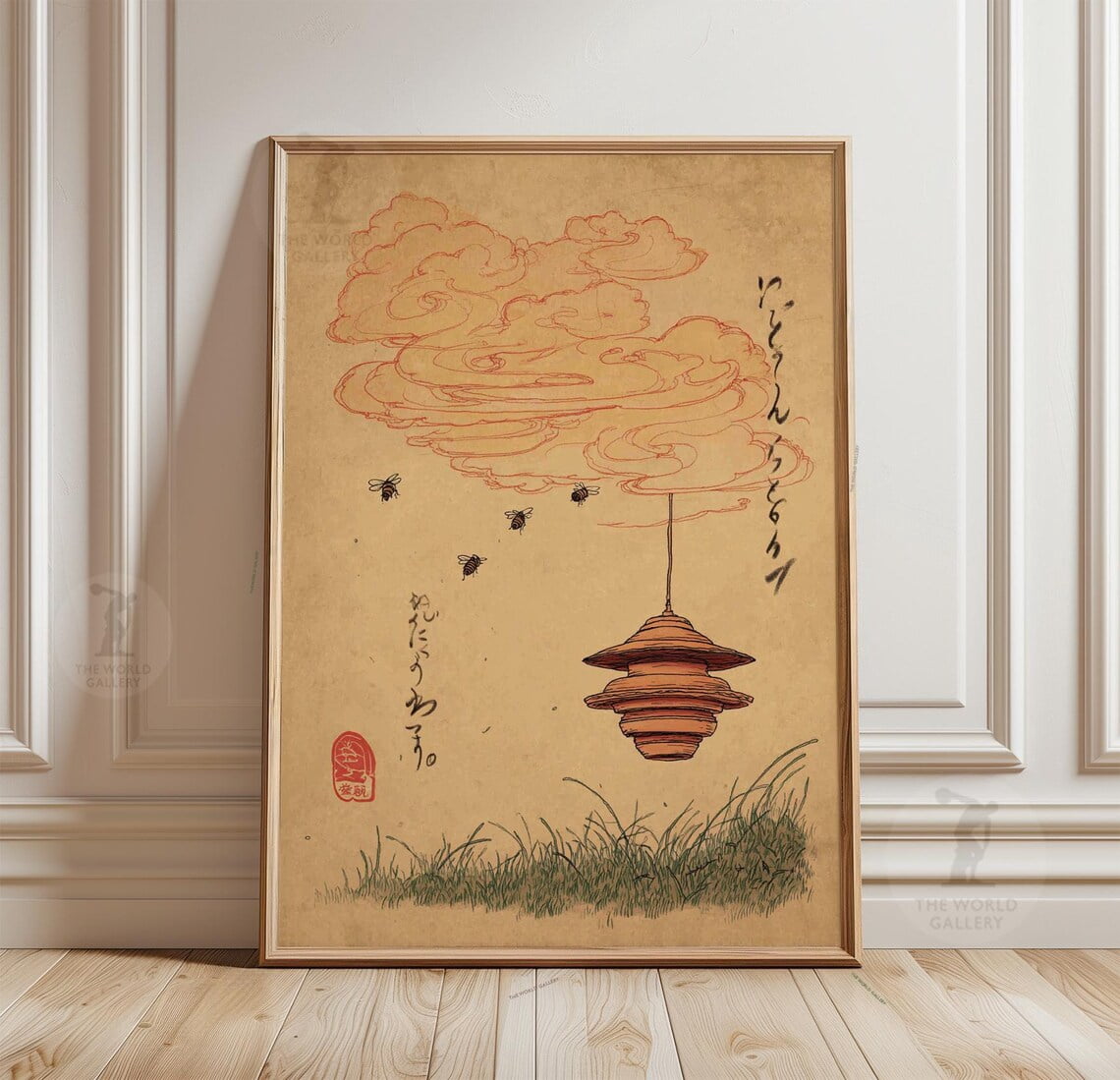 Bee Hive Sky Poster Japanese Ink Style Earth Tone Paper Wall Art ...
