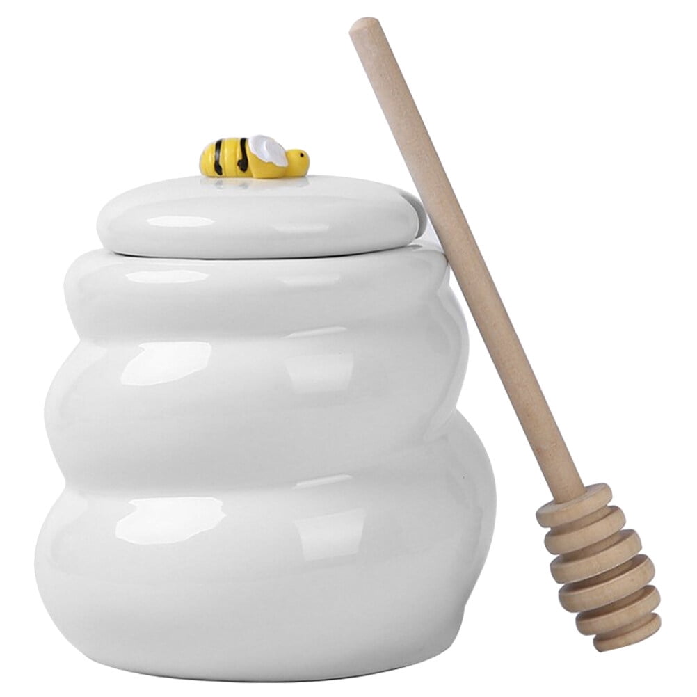 Bee Honey Pot Ceramic Jar Container Candy Dispenser Spoon Beehive Wood ...