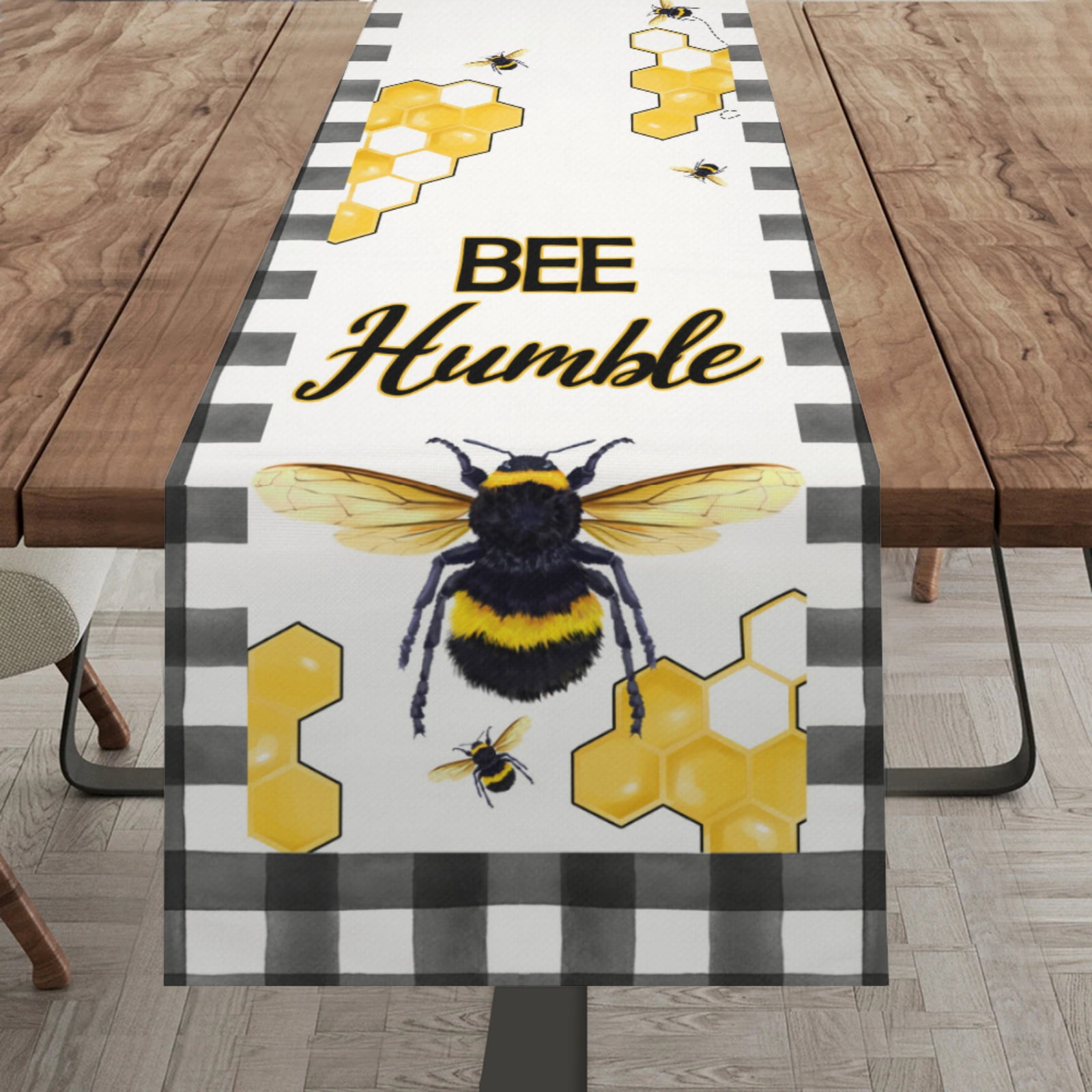 Bee Honey Table Runner 13'' x 72'' Black and White Buffalo Plaid Table ...