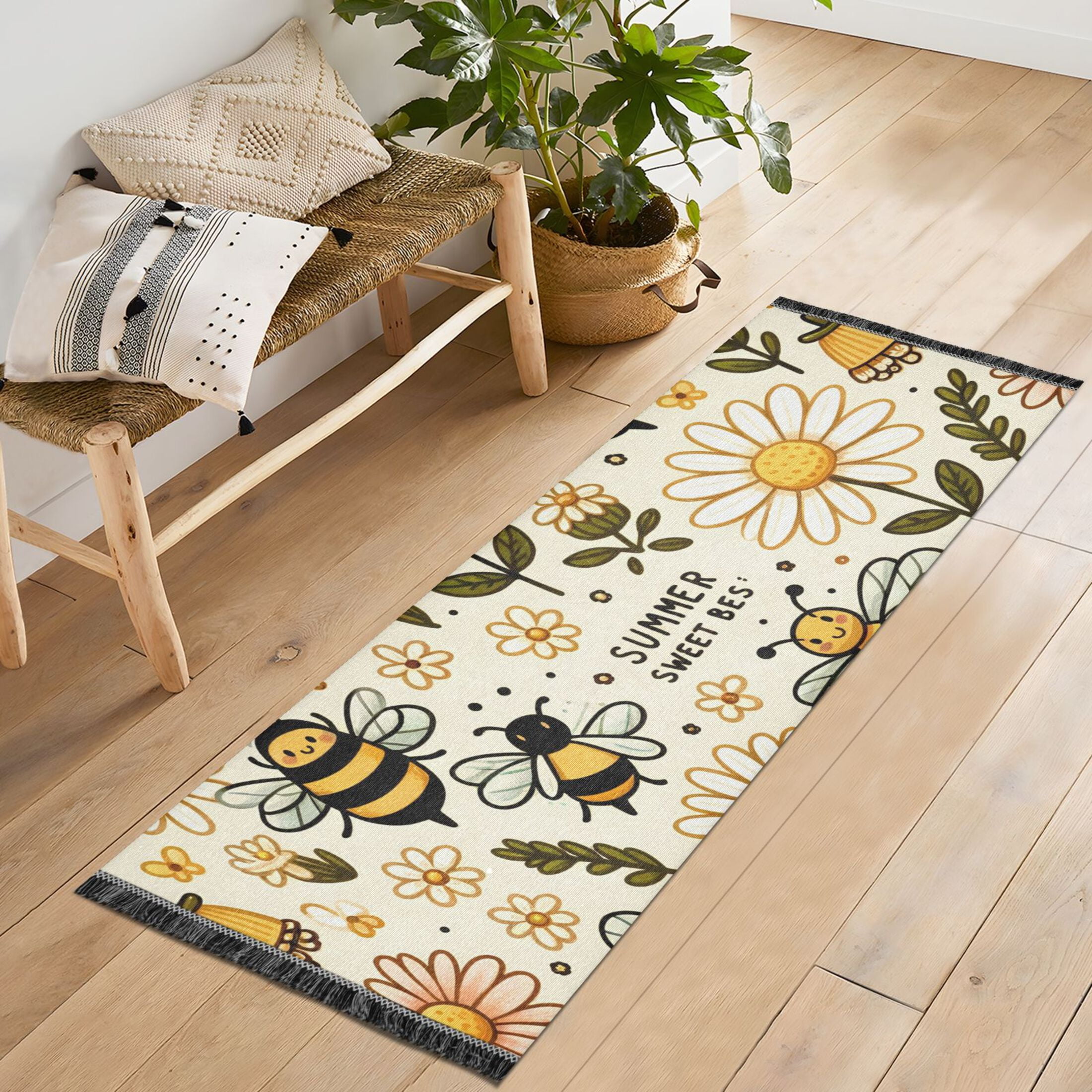 Bee Honey and Daisy Flowers Runner Rug 2'x6' Hallway Area Rugs Vintage ...