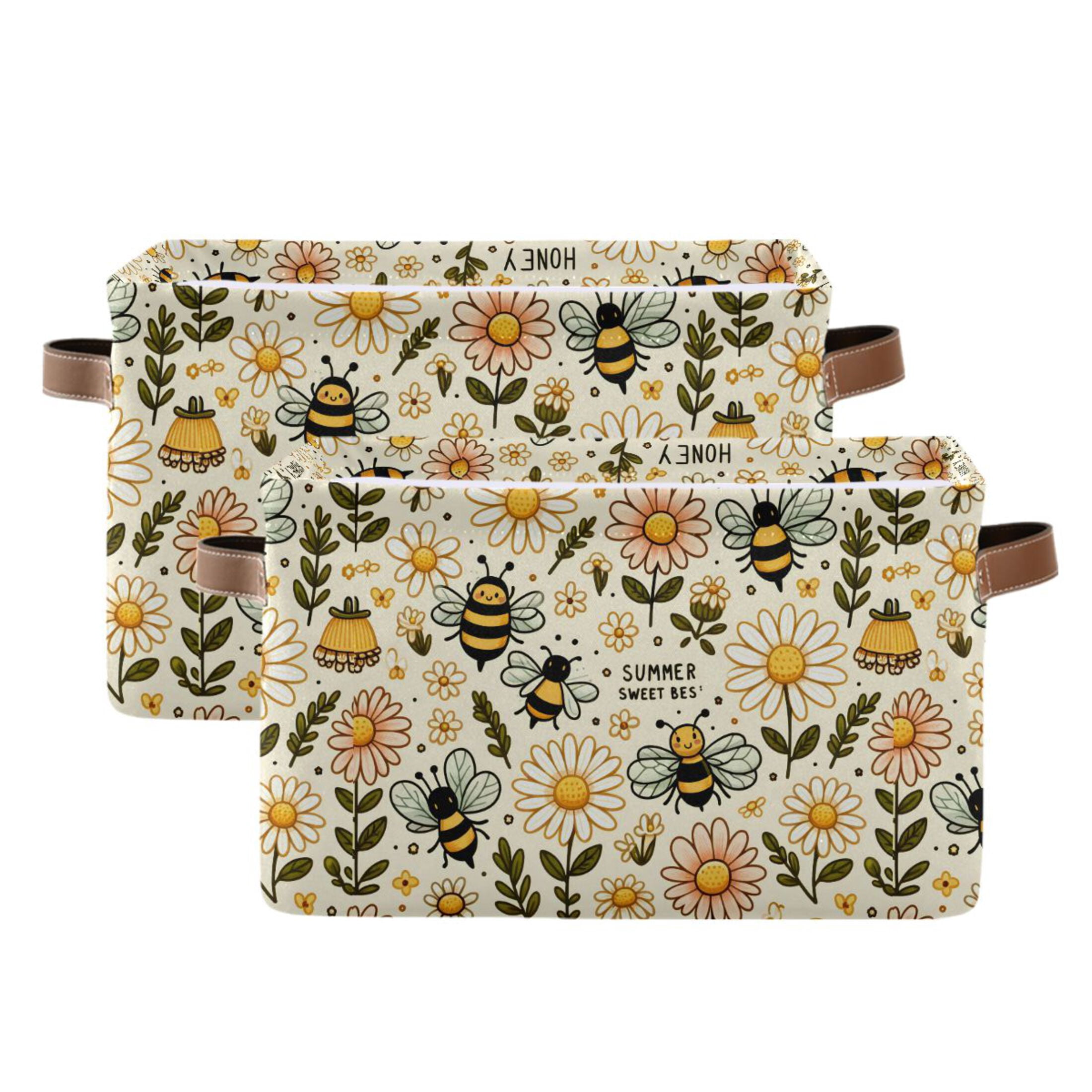 Bee Honey and Daisy Storage Bins with Handle Fabric Organizer Basket ...