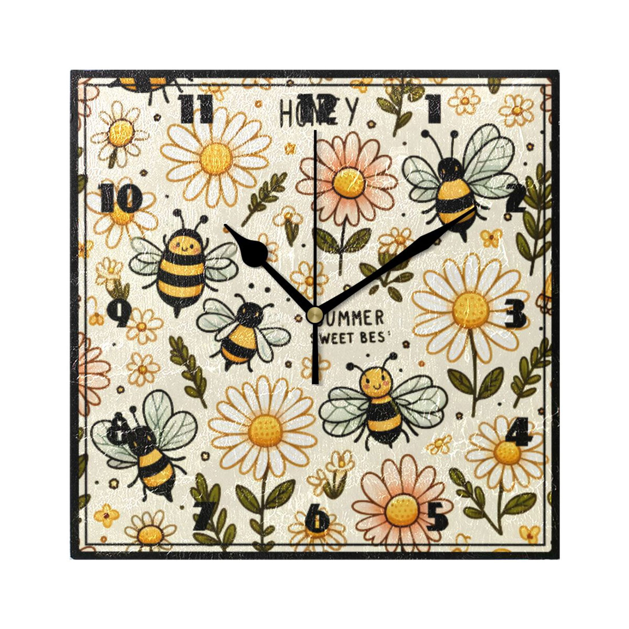 Bee Honey and Daisy Wall Clock 7.78" Non-Ticking Silent Battery ...