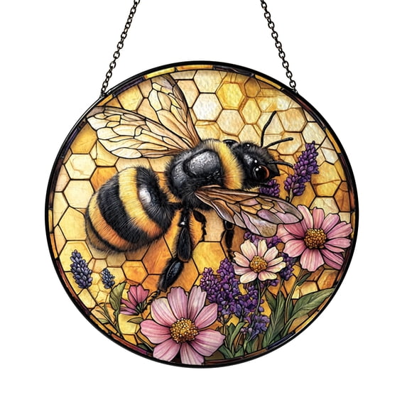 Bee Honeycomb Floral Stained Glass Style Suncatcher Window Hanging ...