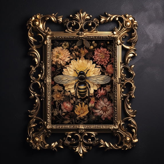 Bee In Dark Flower, Moody Bumblebee Botanical Print, Unframed Paper ...