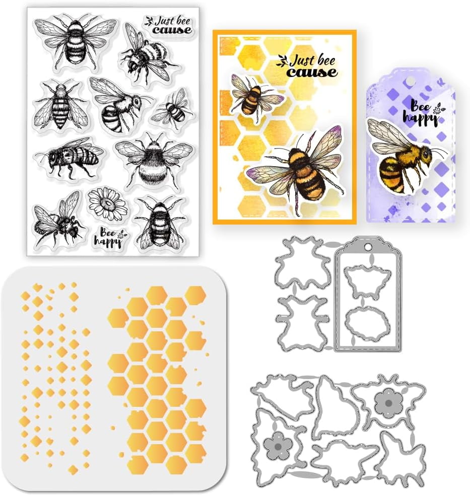 Bee Insect Label Clear Stamp Flower Cutting Die Honeycomb Background ...