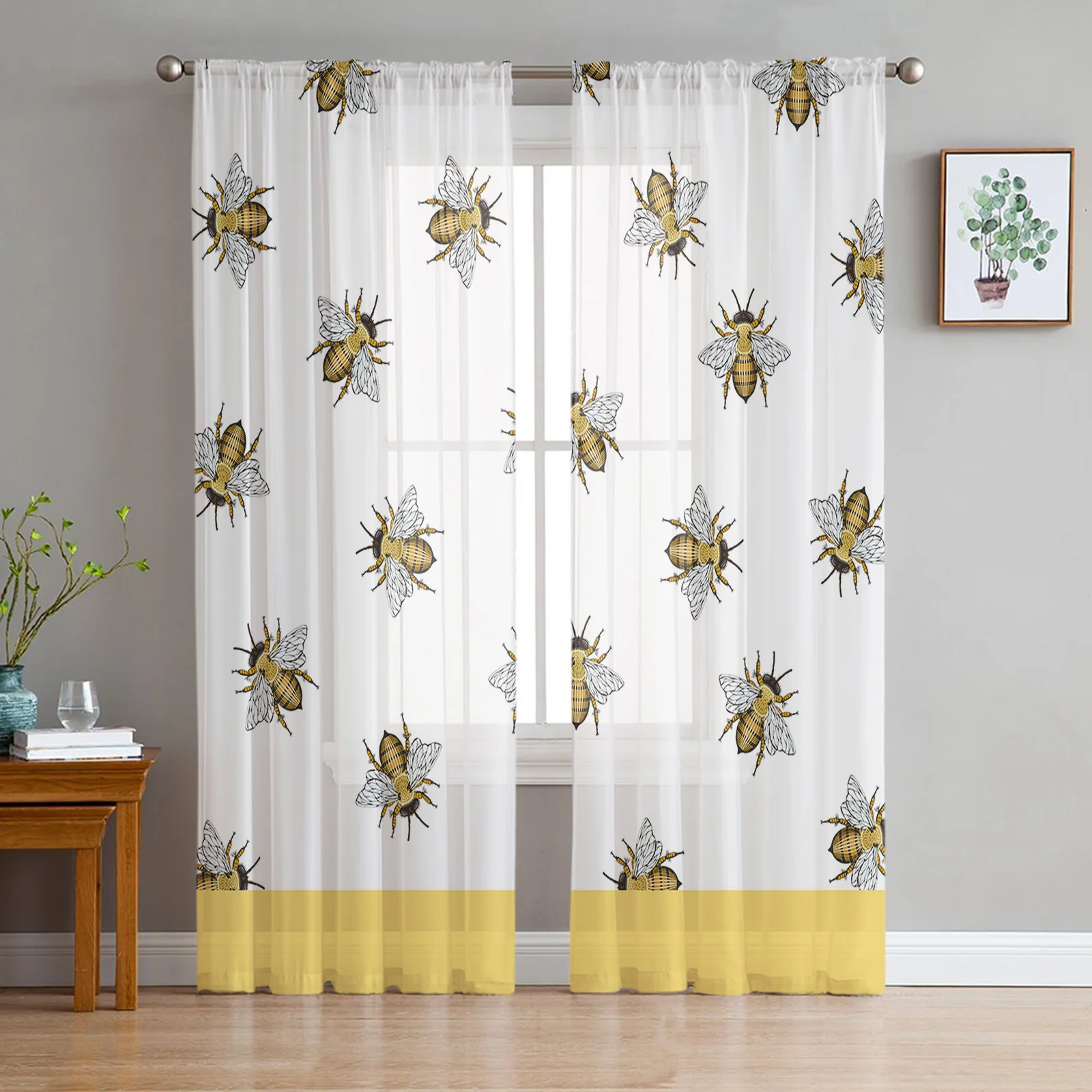 Bee Insect Yellow Sheer Curtains for Bedroom Living Room ration Window ...