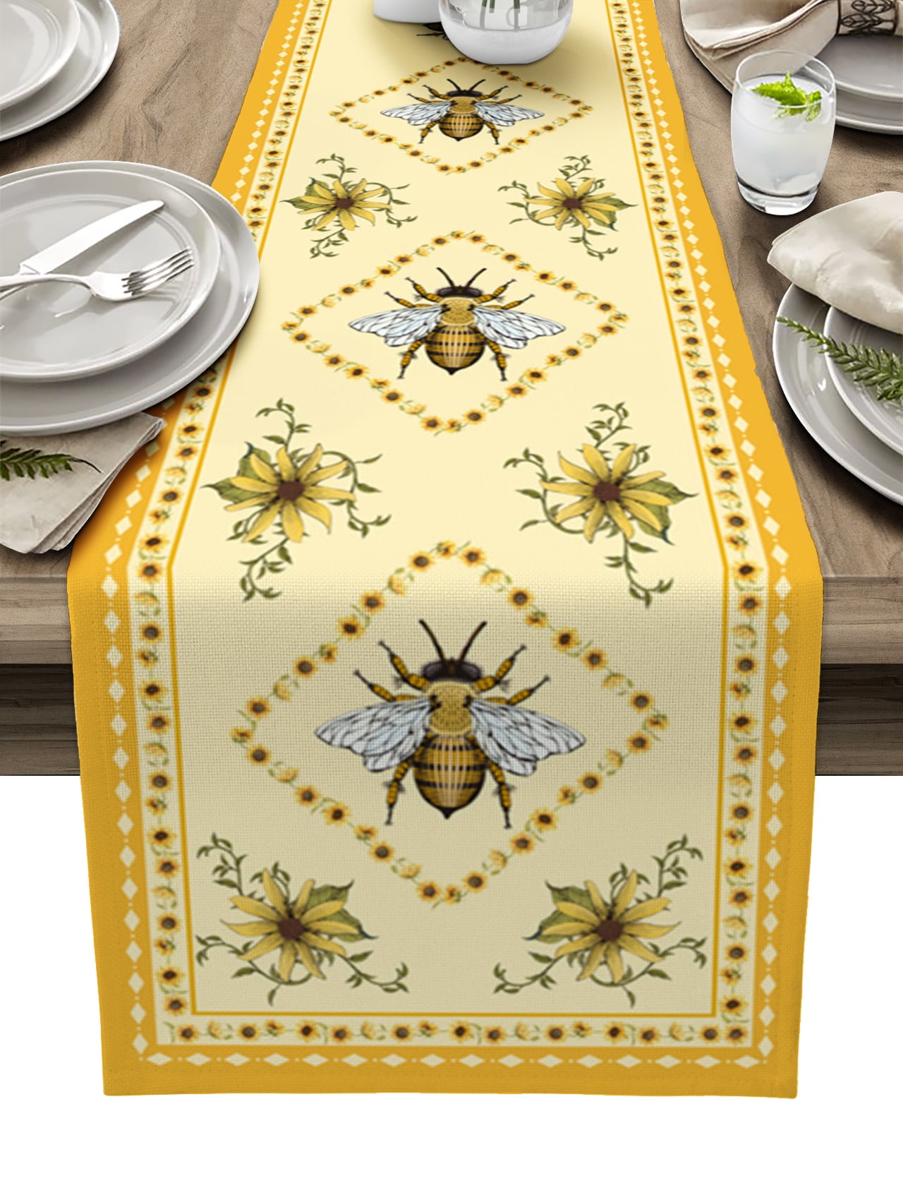 Bee Insect Yellow Table Runner Home Party rative Tablecloth Cotton ...