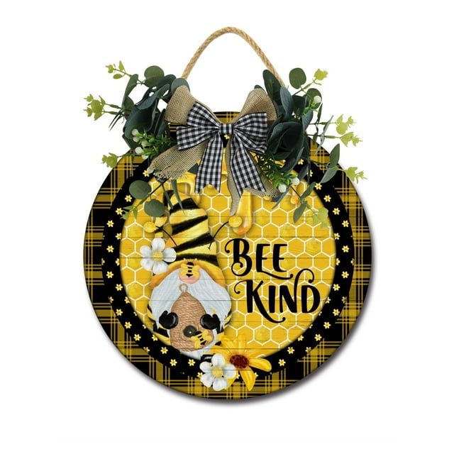 Bee Kind Sign Front Door Porch Decorations, Round Rustic Wood Hanging ...