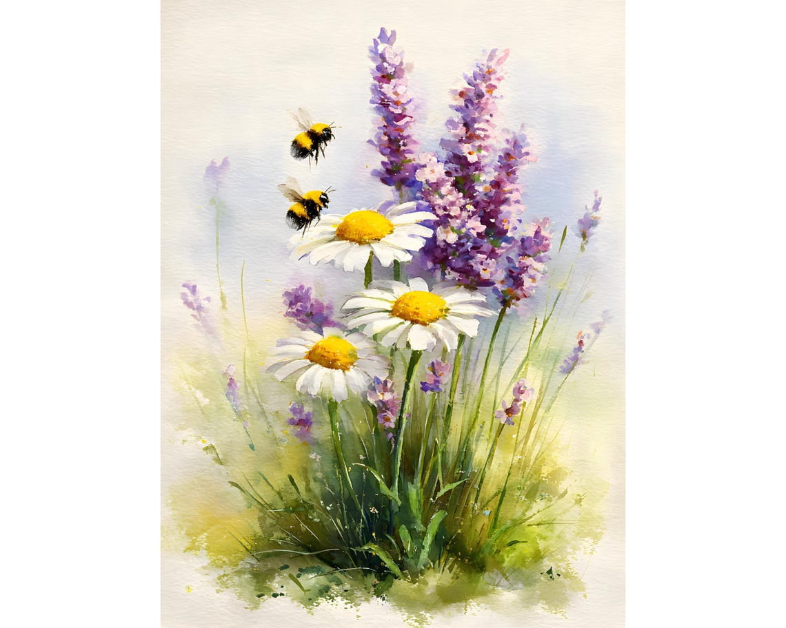 Bee Lavender Cute Bumble Bee Lavender Botanical Chamomile Flower Nature ...