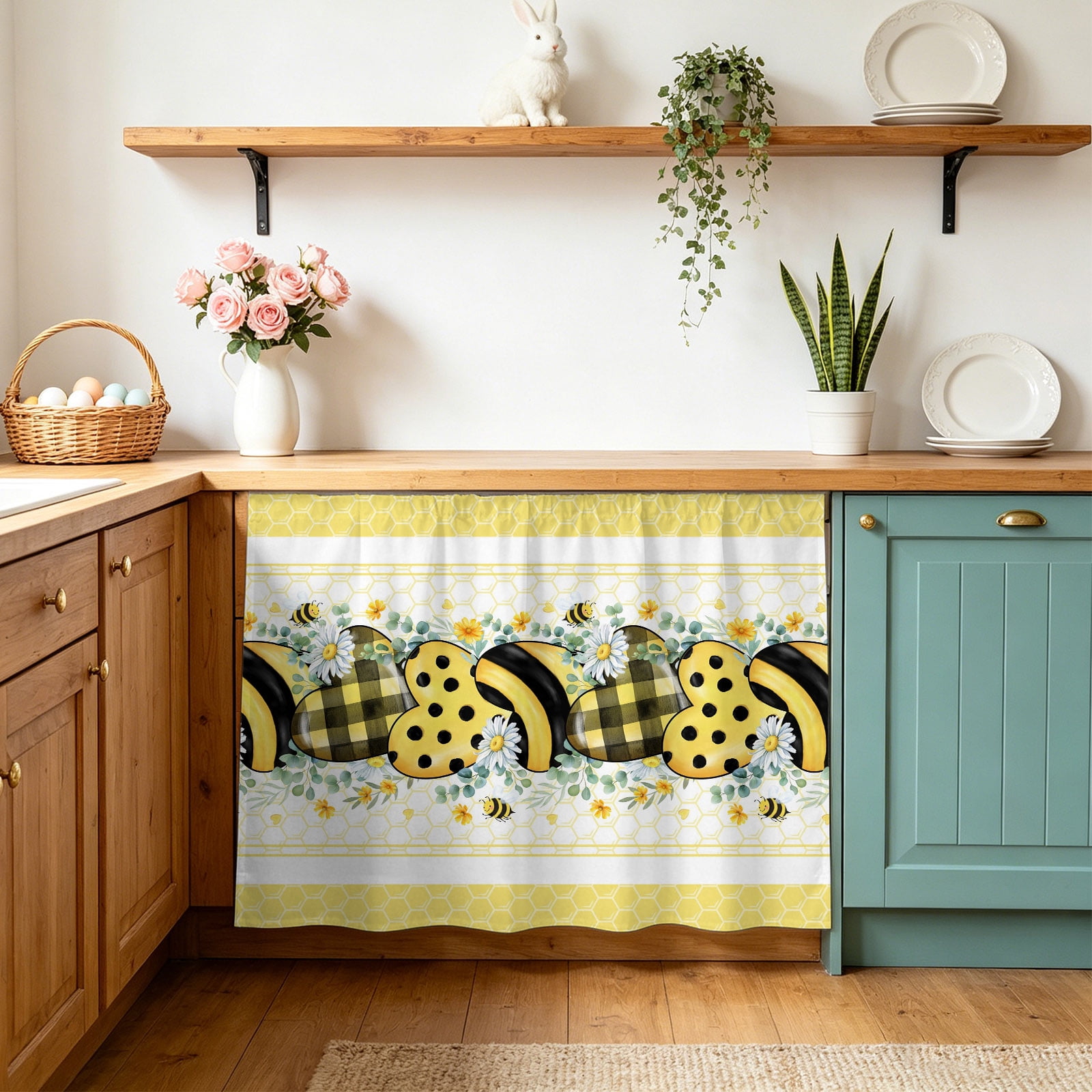 Bee Love Cabinet Curtains 10" W x 11" L Vintage Country Yellow Bee ...