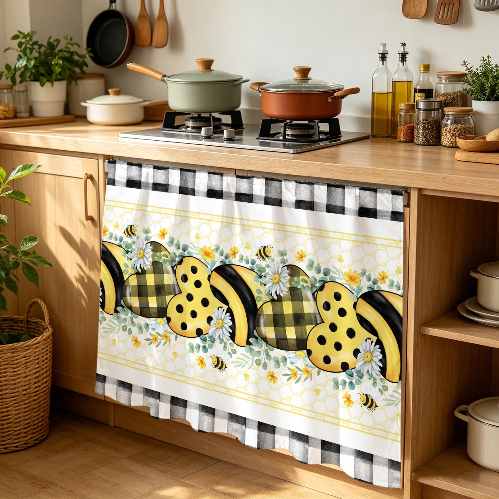 Bee Love Cabinet Curtains 35" W x 35" L Vintage Country Yellow Bee ...