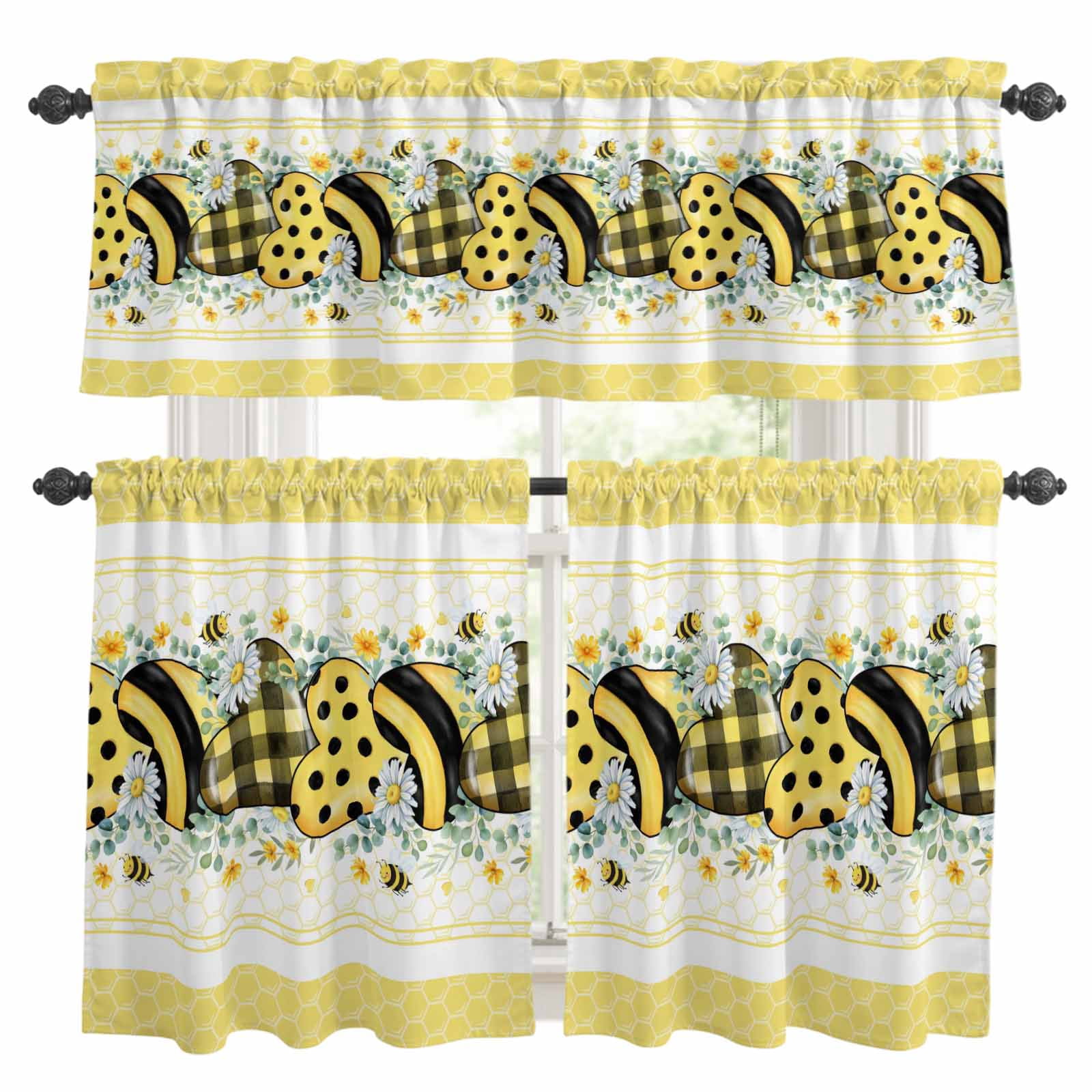 Bee Love Curtain Valances Set Vintage Country Yellow Bee Plaid Dot Love ...